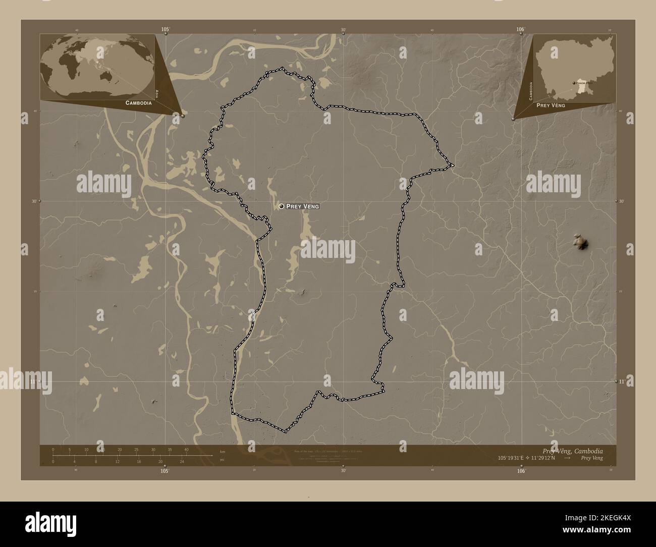 Prey Veng, province of Cambodia. Elevation map colored in sepia tones ...