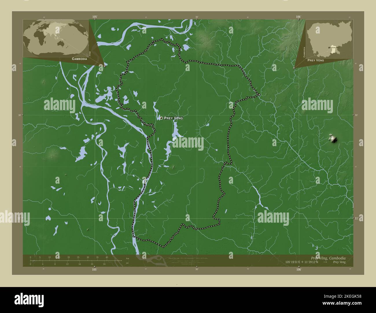 Prey Veng, province of Cambodia. Elevation map colored in wiki style ...