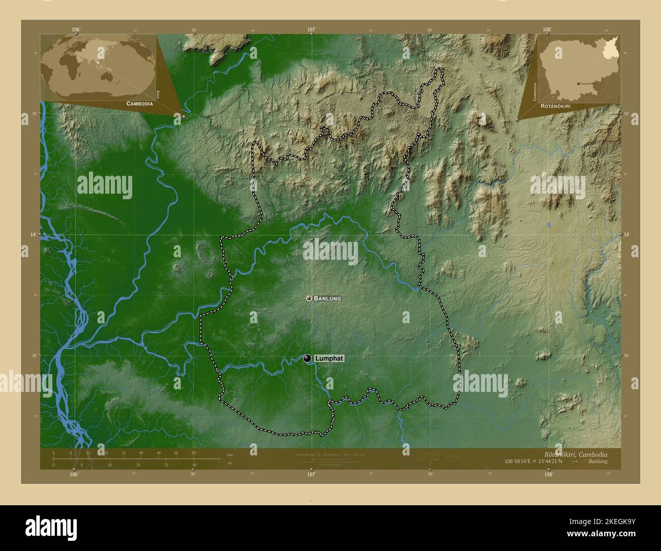 Rotanokiri, province of Cambodia. Colored elevation map with lakes and ...