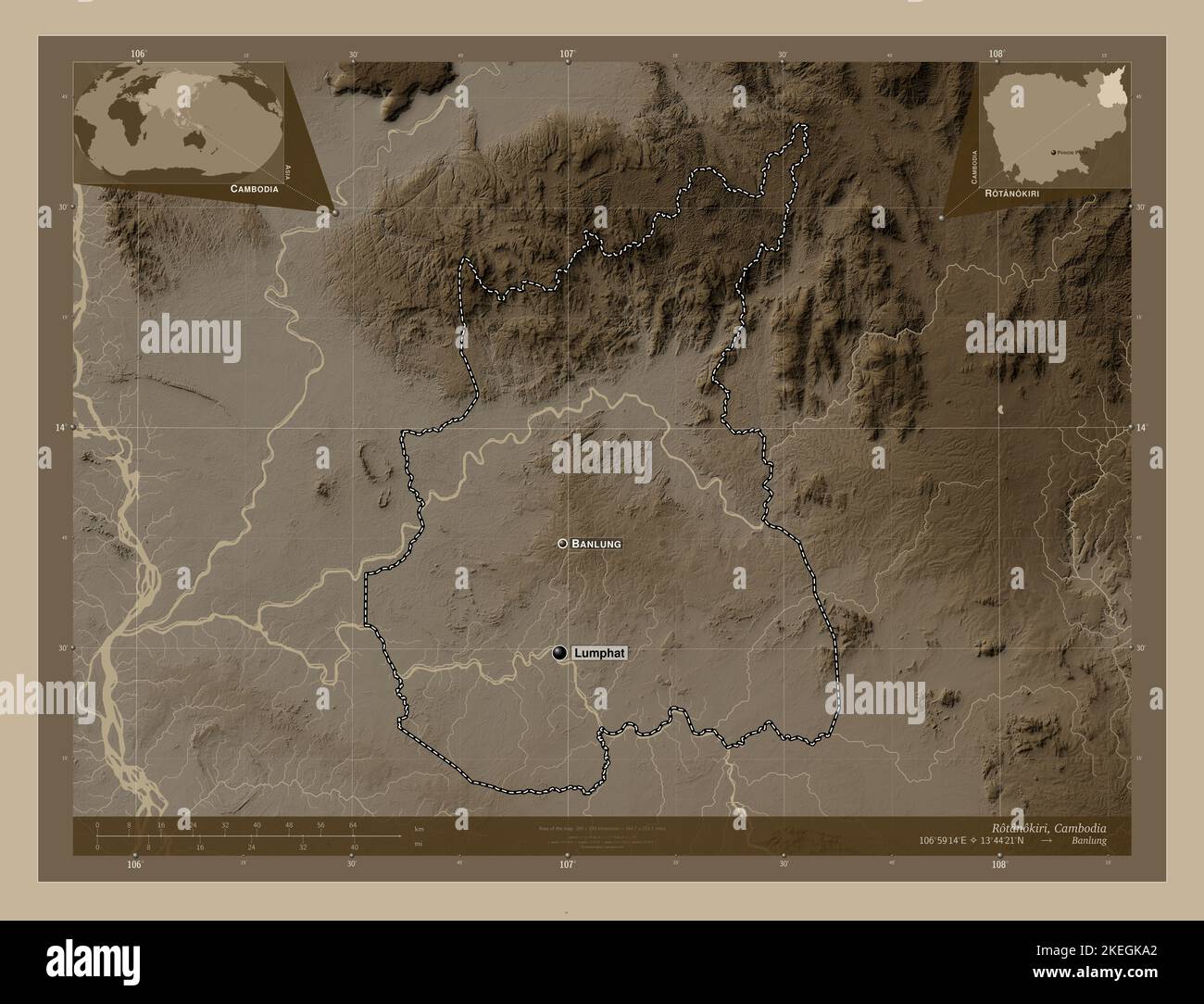 Rotanokiri, province of Cambodia. Elevation map colored in sepia tones with lakes and rivers ...