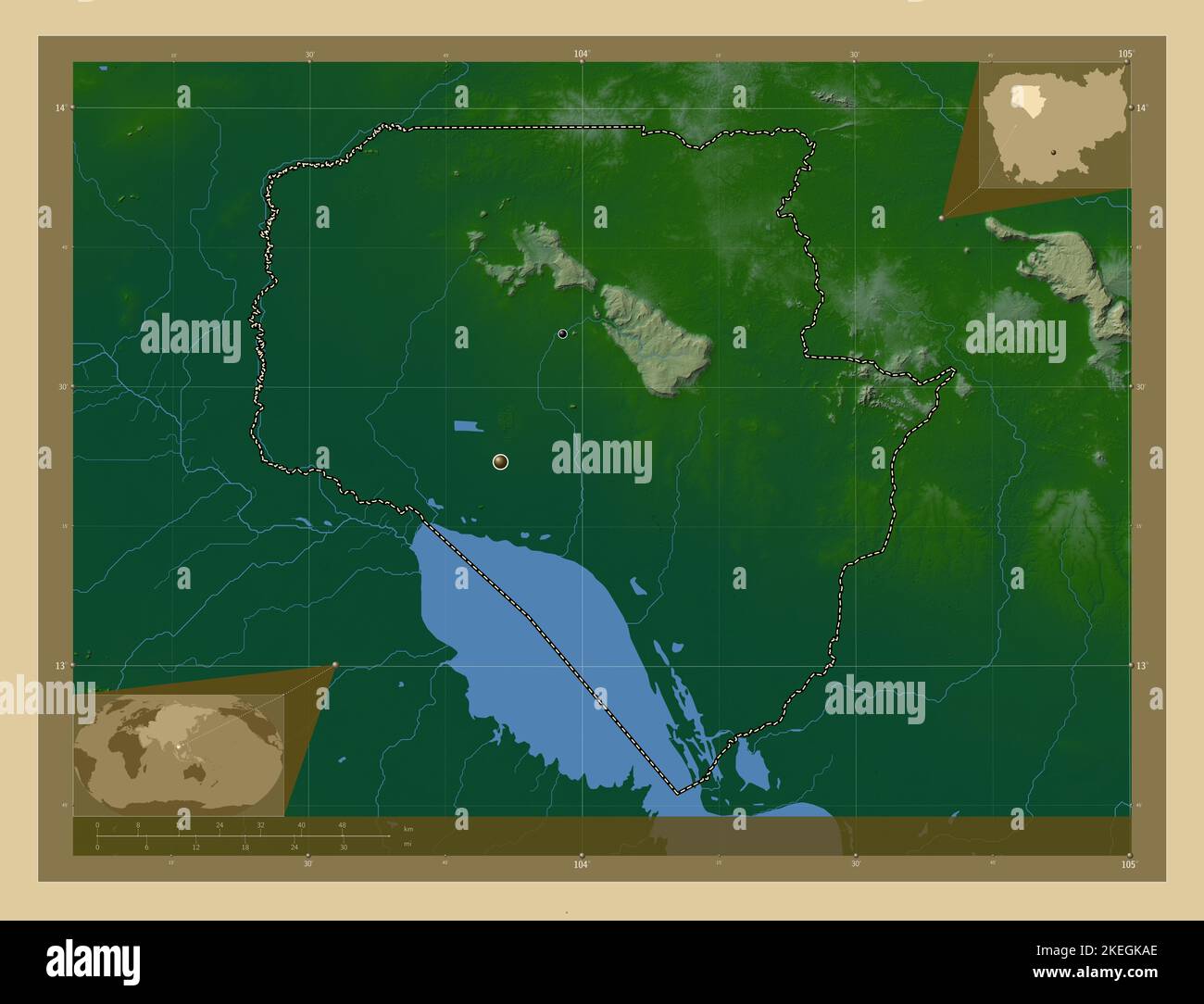 Siemreab, province of Cambodia. Colored elevation map with lakes and ...
