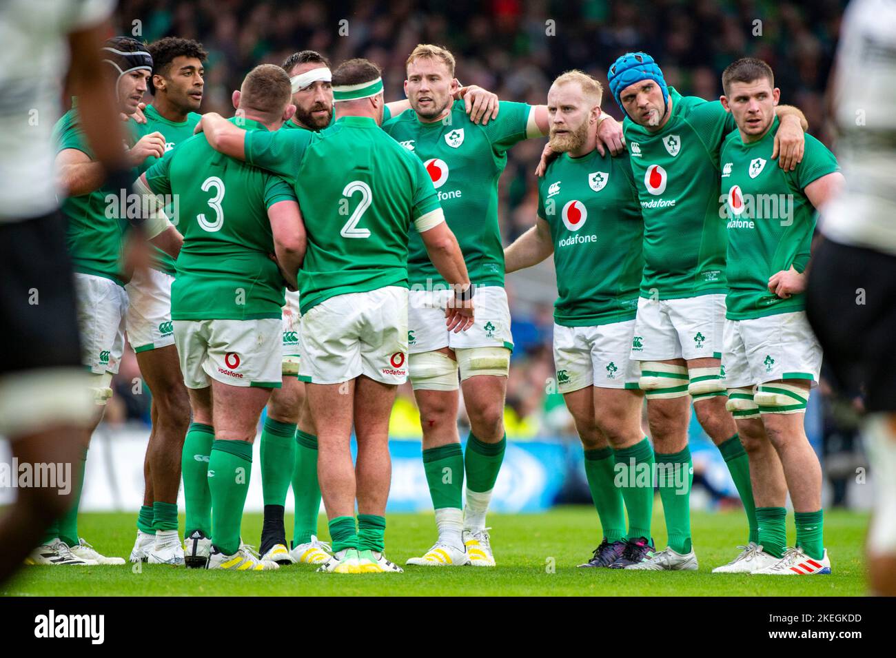 The Irish rugby players in a huddle during the Bank of Ireland Nations ...