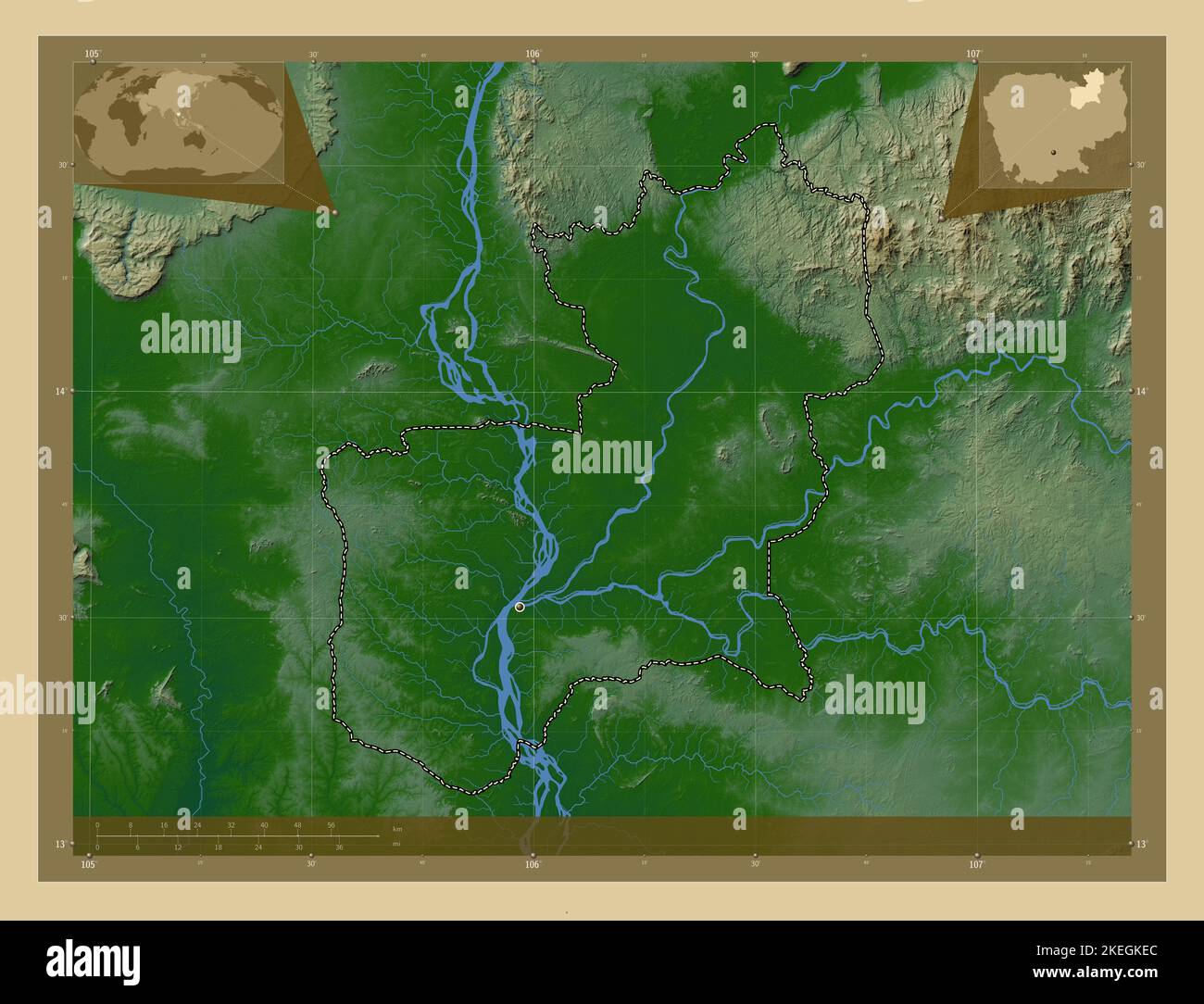 Stng Treng, province of Cambodia. Colored elevation map with lakes and ...