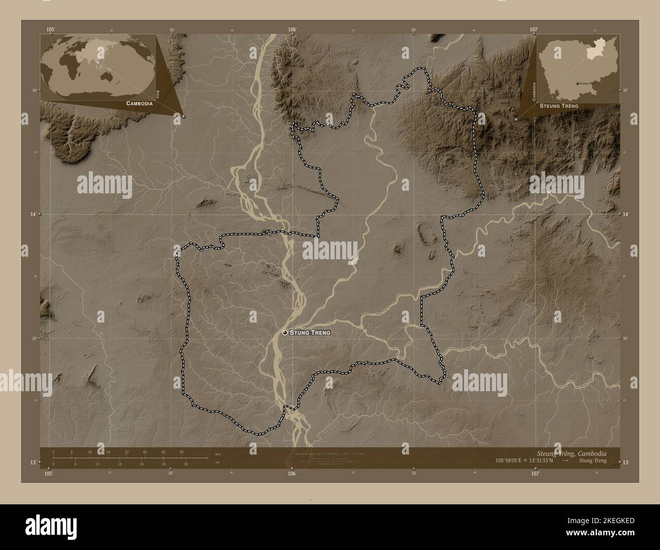 Stng Treng, province of Cambodia. Elevation map colored in sepia tones ...