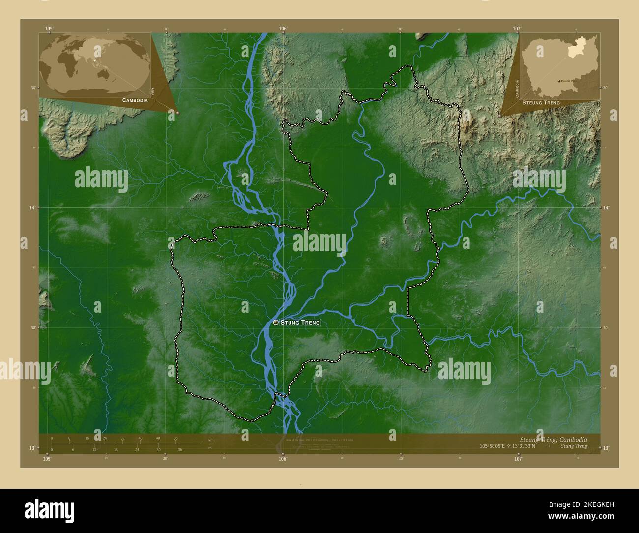 Stng Treng, province of Cambodia. Colored elevation map with lakes and ...