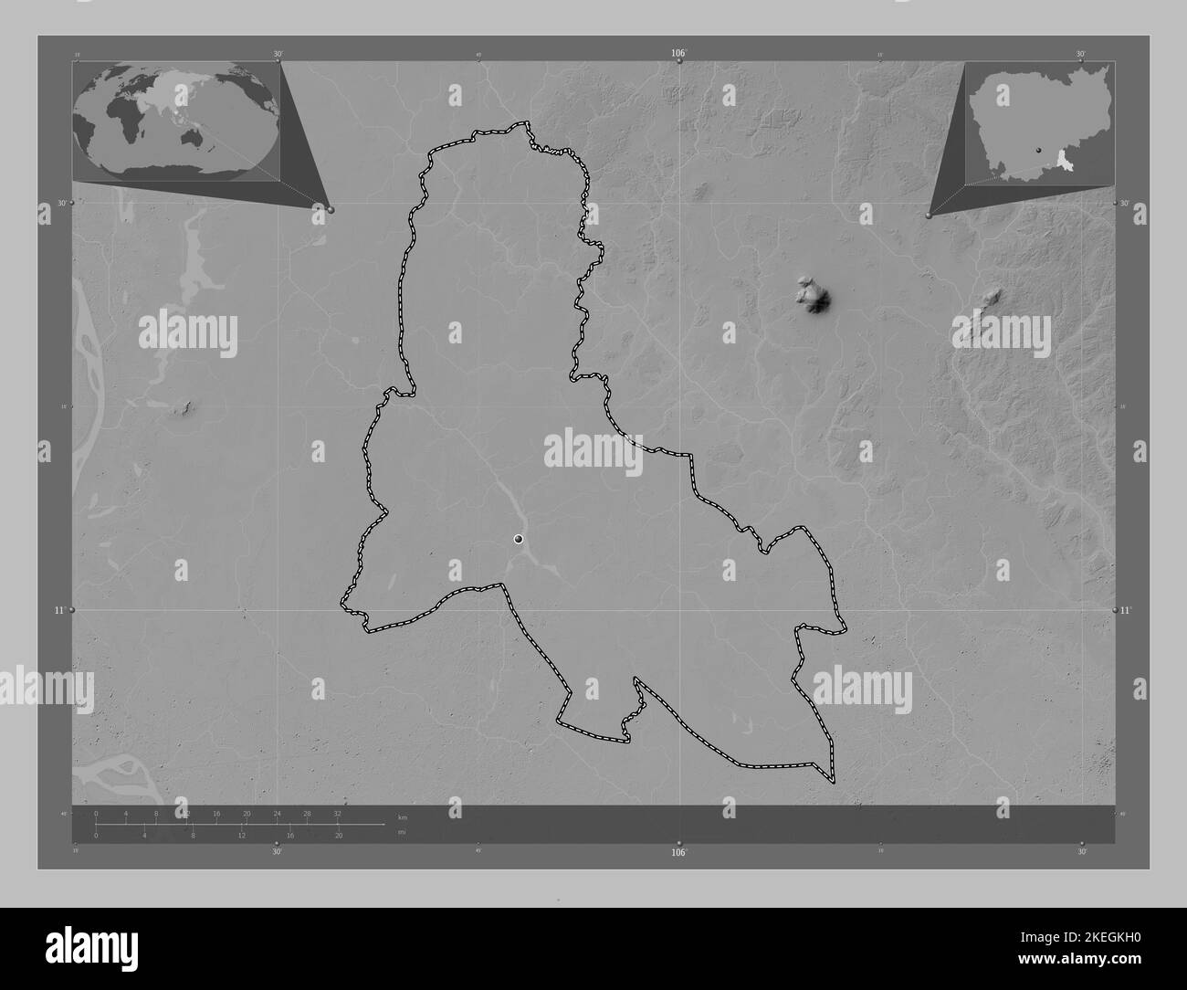 Svay Rieng, province of Cambodia. Grayscale elevation map with lakes ...