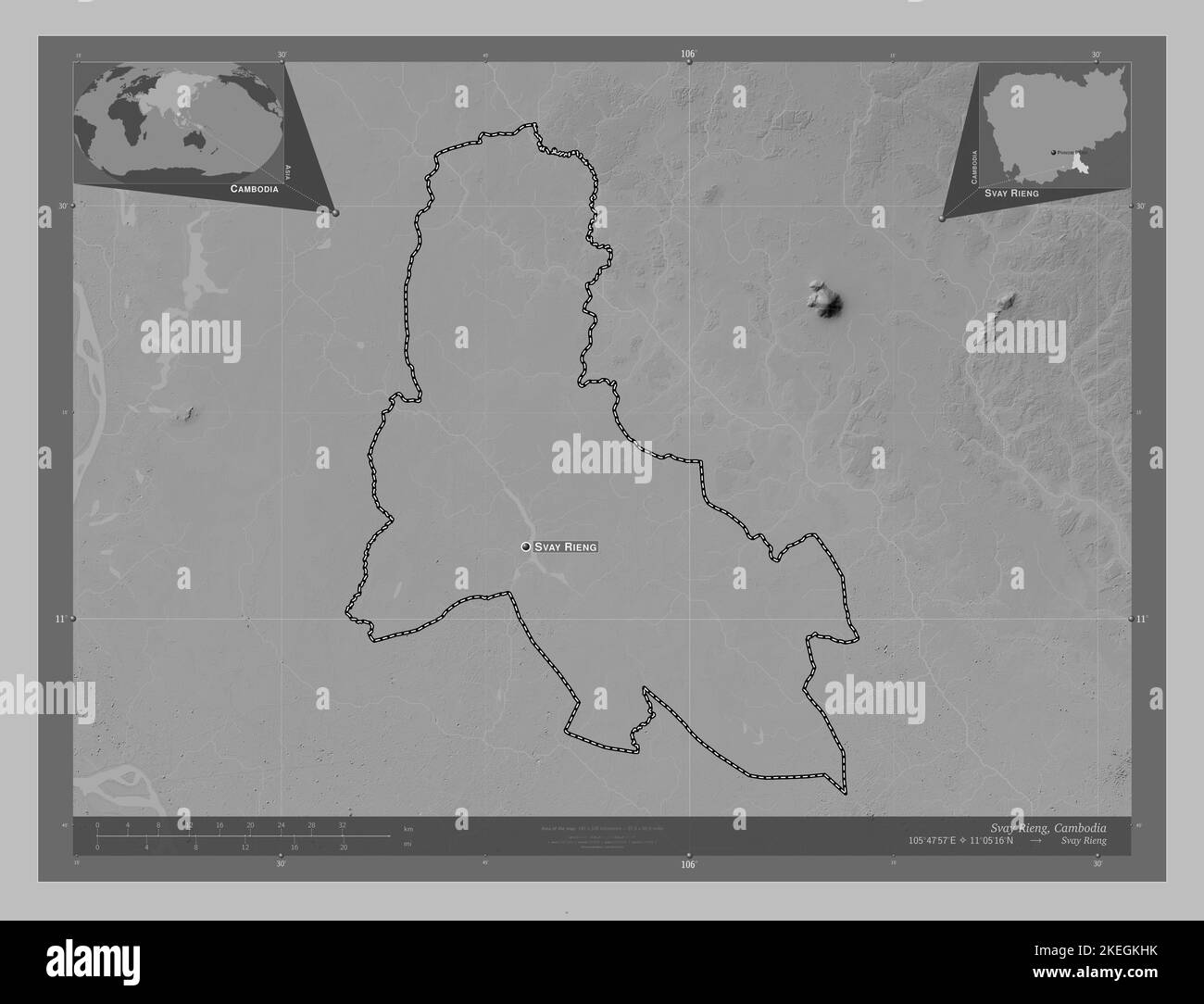Svay Rieng, province of Cambodia. Grayscale elevation map with lakes ...