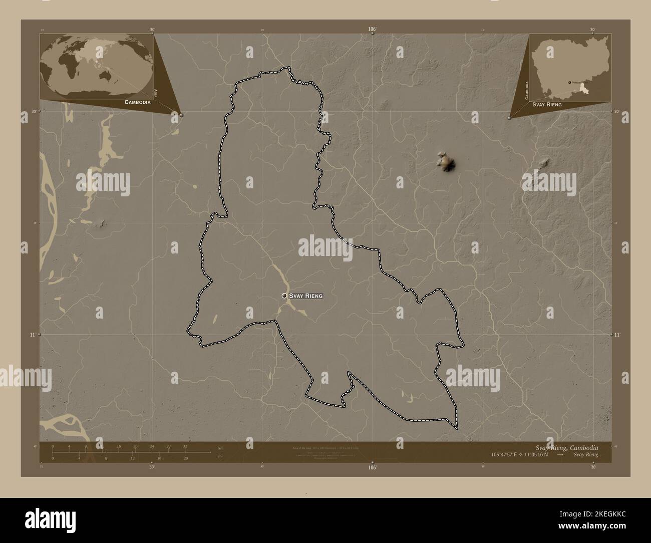 Svay Rieng, province of Cambodia. Elevation map colored in sepia tones with lakes and rivers ...