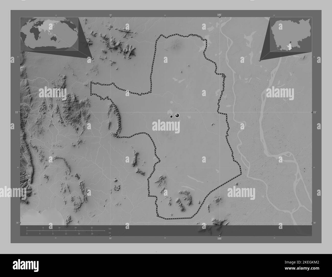 Takev, province of Cambodia. Grayscale elevation map with lakes and ...