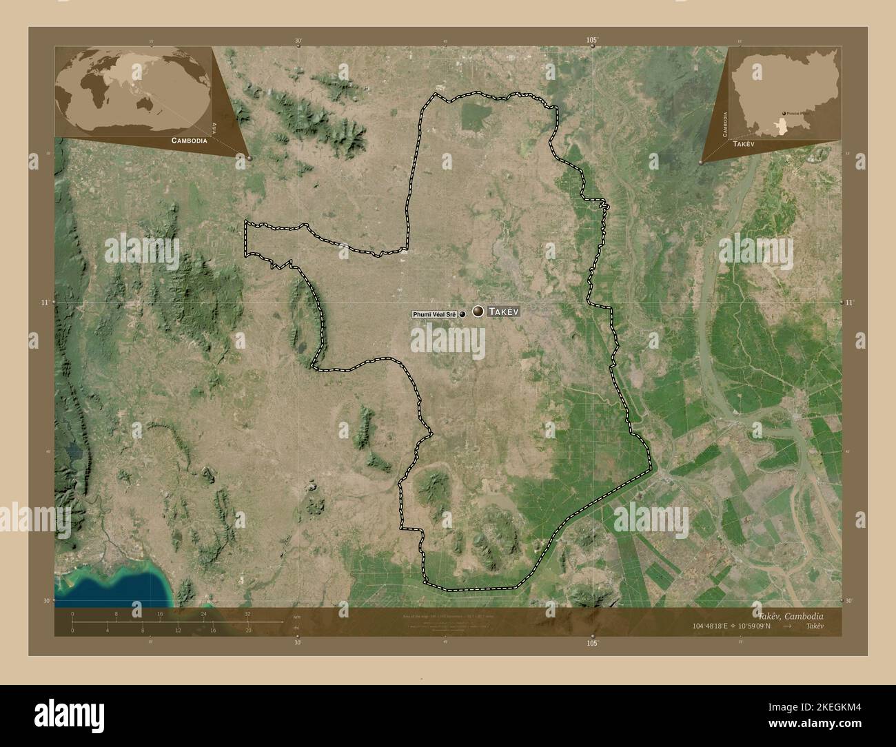 Takev, province of Cambodia. Low resolution satellite map. Locations ...