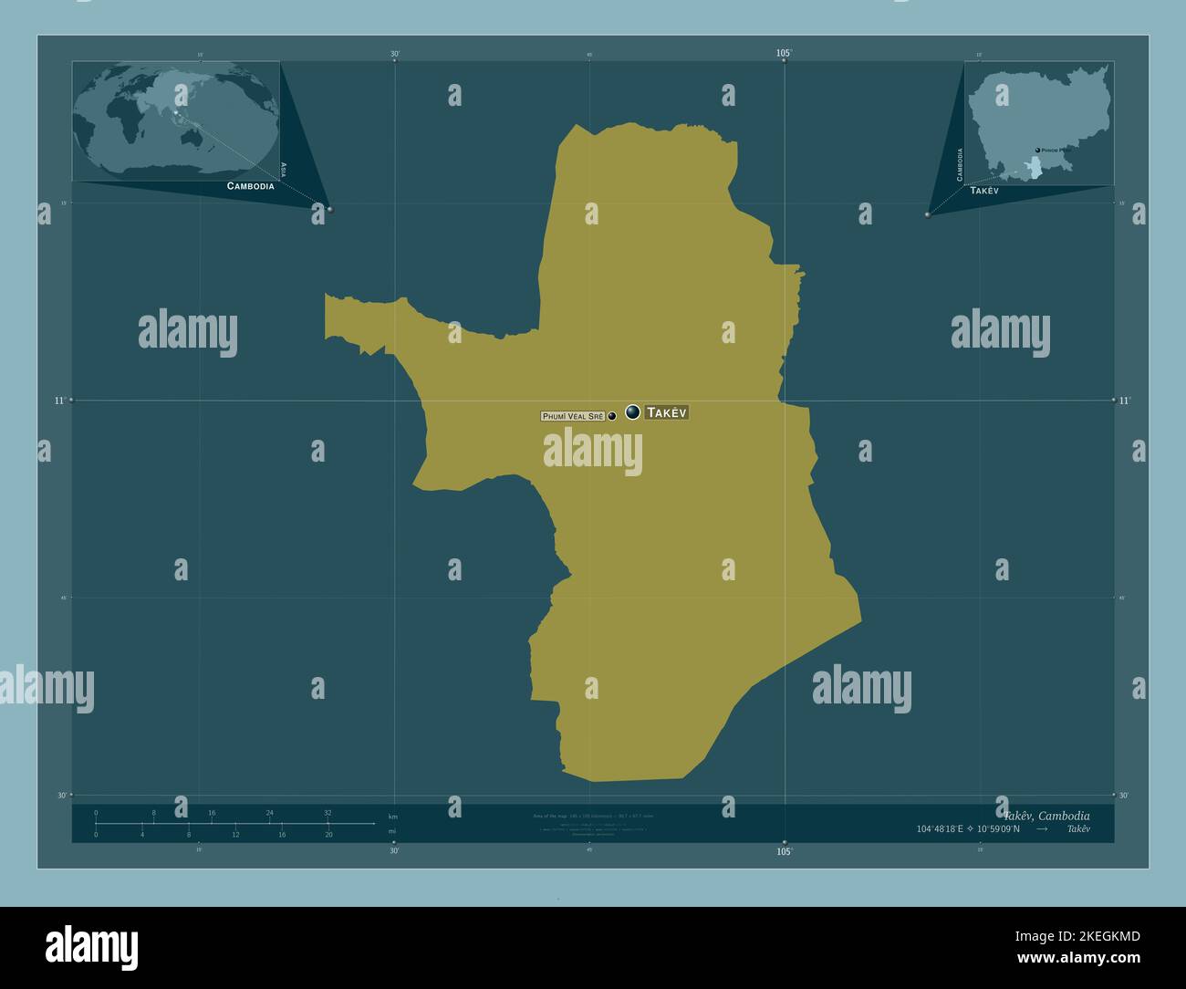 Takev, province of Cambodia. Solid color shape. Locations and names of ...