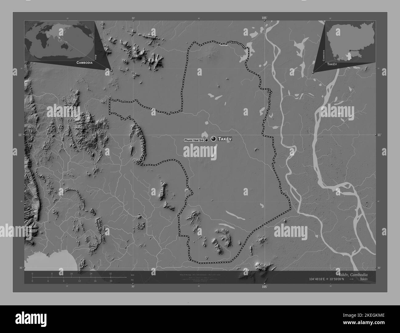 Takev, province of Cambodia. Bilevel elevation map with lakes and ...