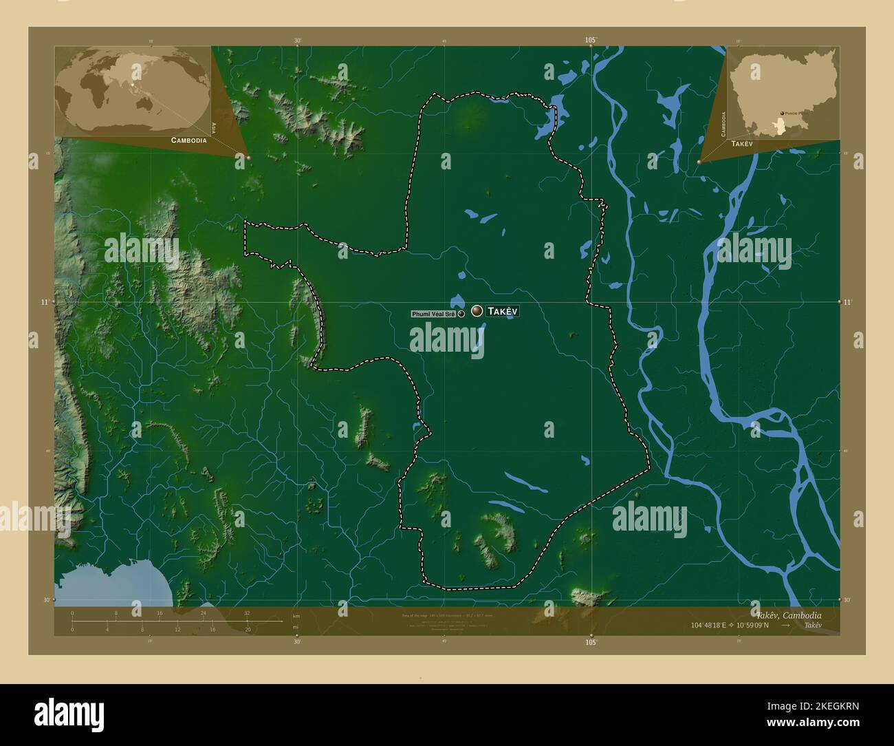 Takev, province of Cambodia. Colored elevation map with lakes and ...