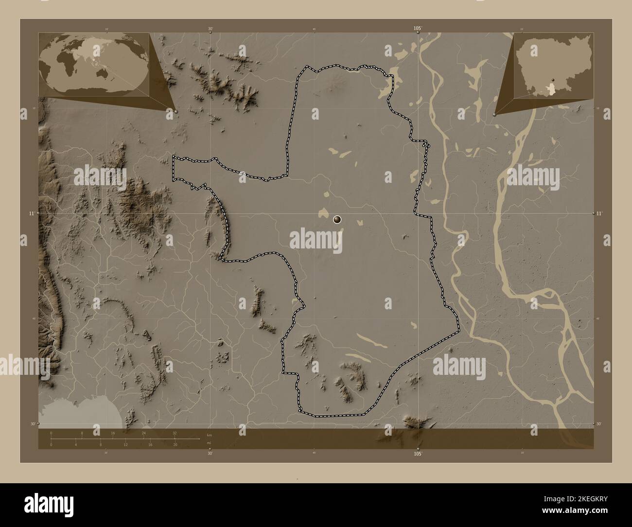 Takev, province of Cambodia. Elevation map colored in sepia tones with ...