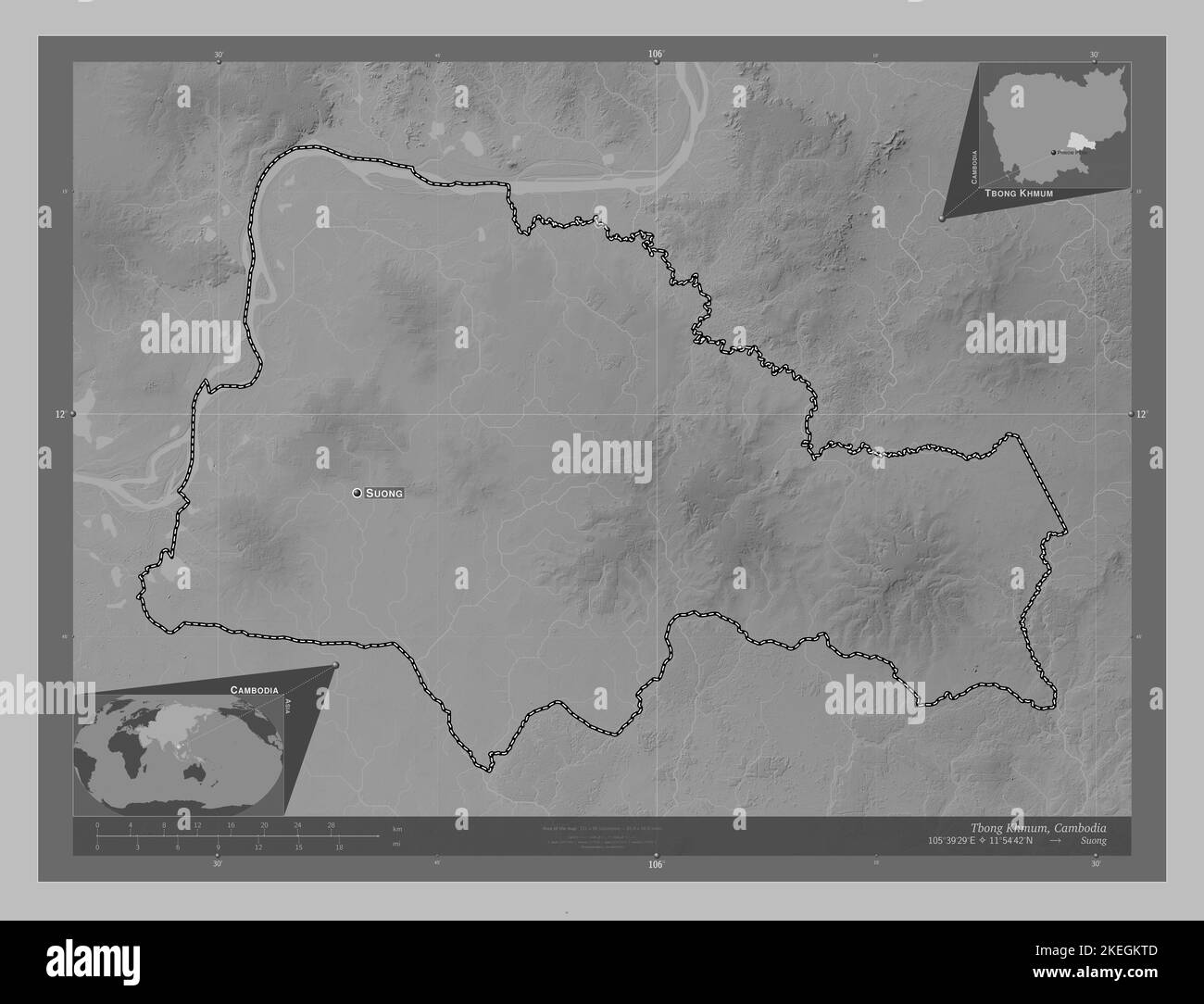 Tbong Khmum, province of Cambodia. Grayscale elevation map with lakes ...