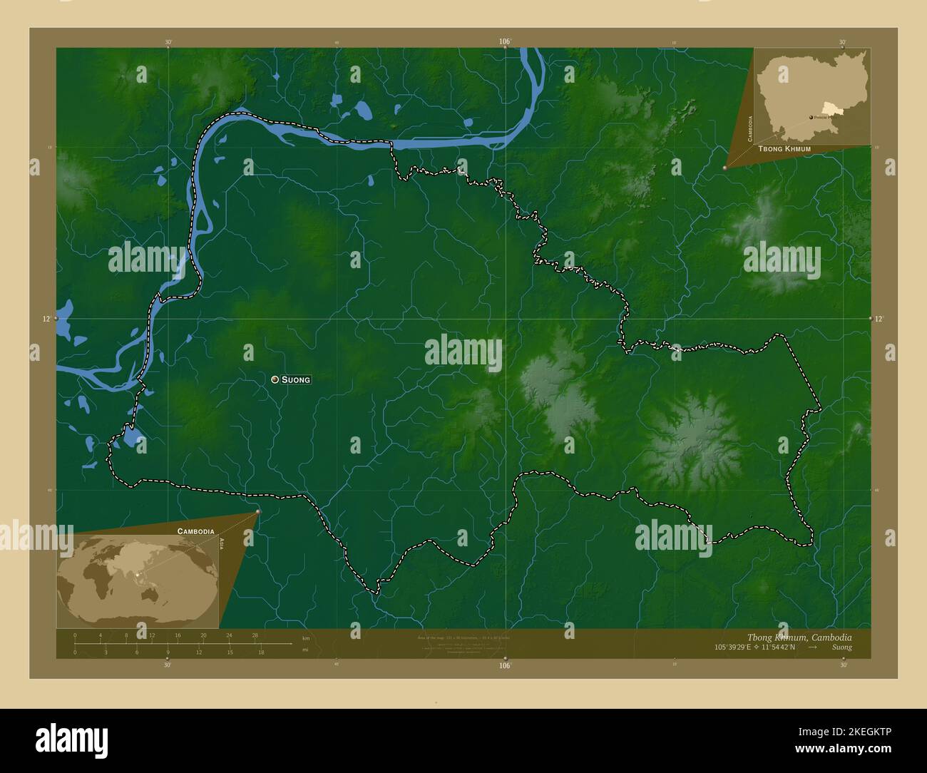 Tbong Khmum, province of Cambodia. Colored elevation map with lakes and ...