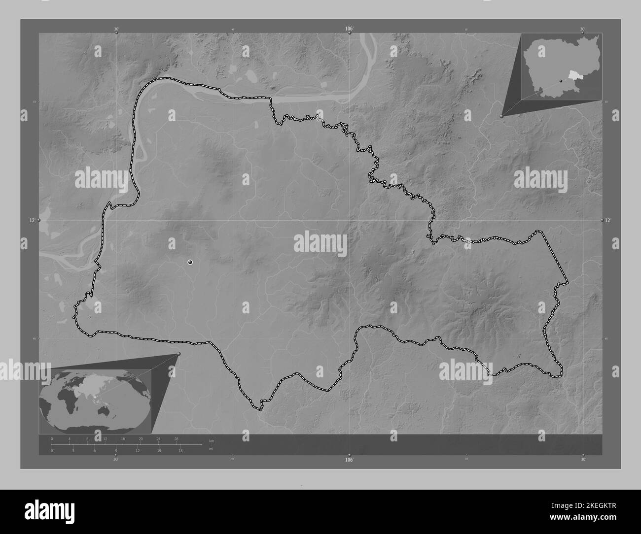 Tbong Khmum, province of Cambodia. Grayscale elevation map with lakes ...