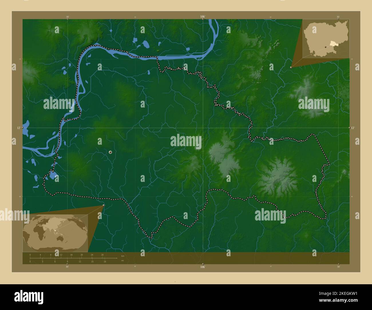 Tbong Khmum, province of Cambodia. Colored elevation map with lakes and ...