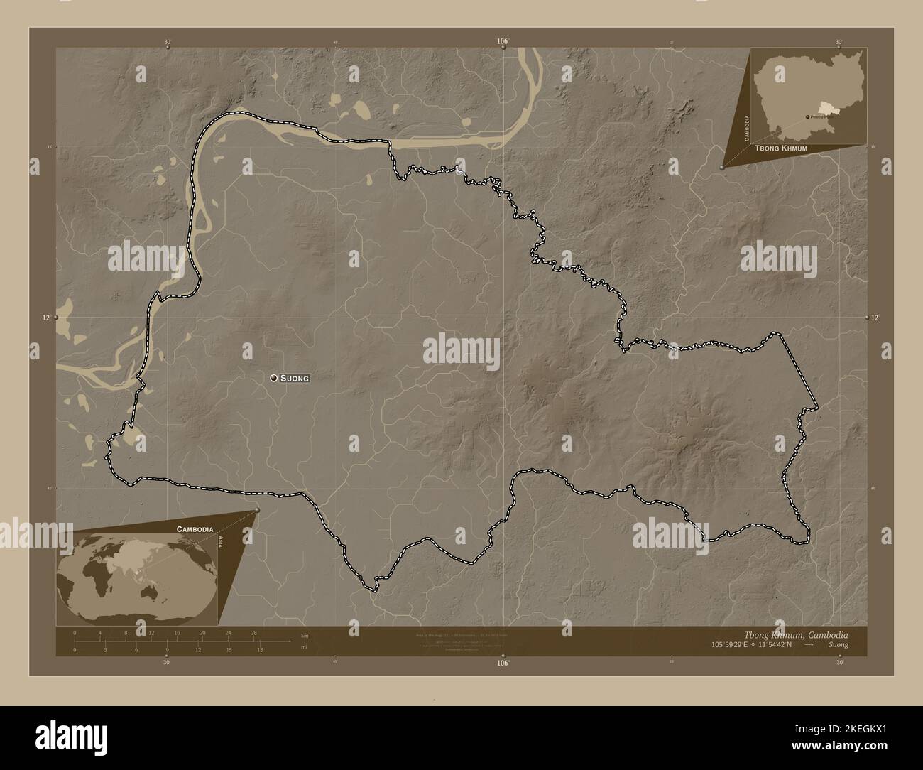 Tbong Khmum, province of Cambodia. Elevation map colored in sepia tones with lakes and rivers ...