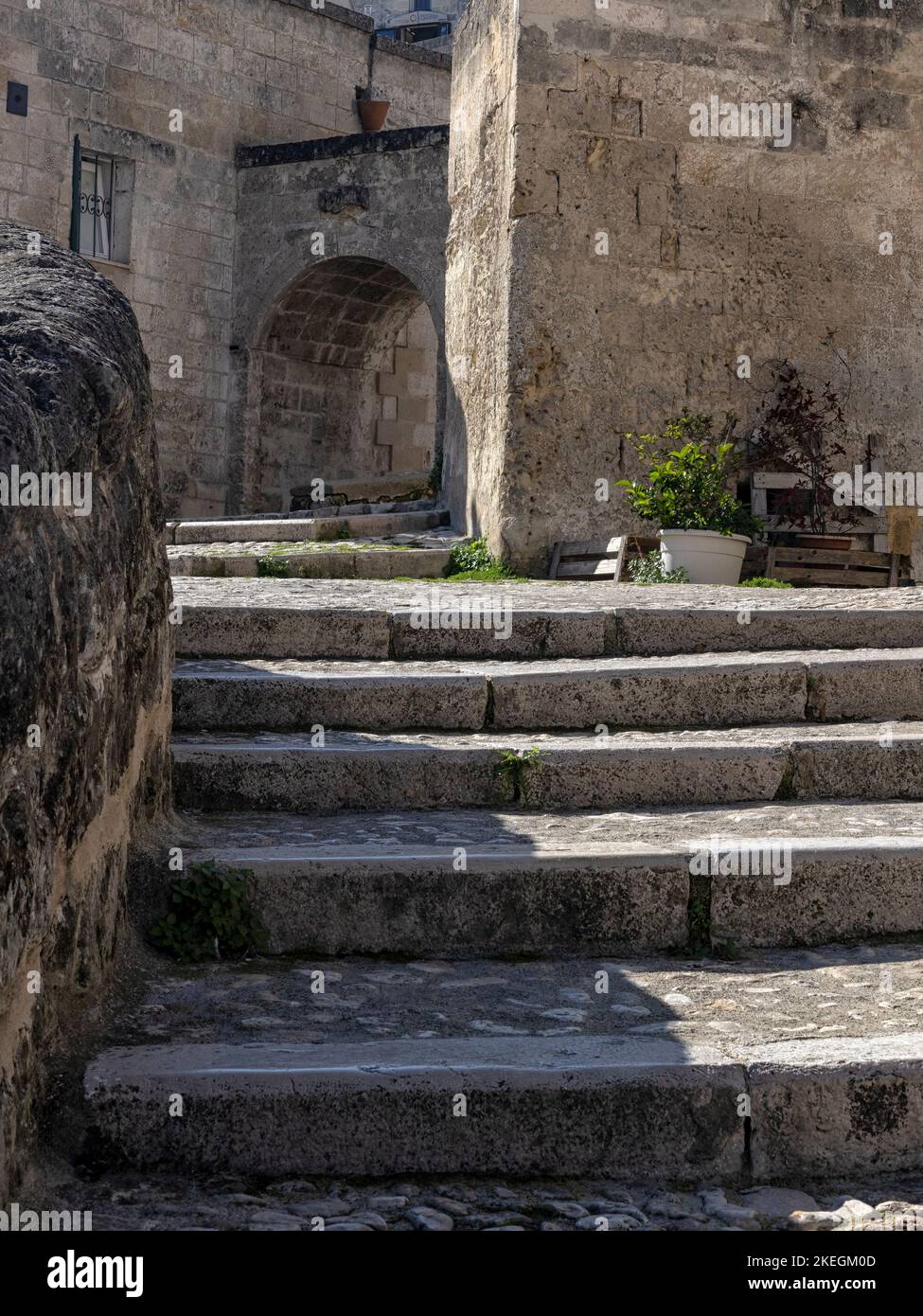 MATERA, ITALY - OCTOBER 17, 2022: View up one of the many stepped ...