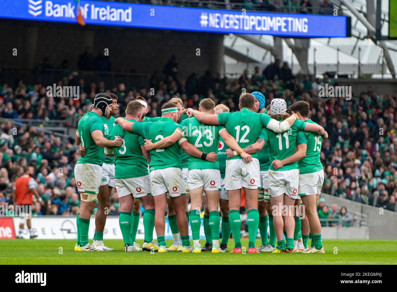 The Irish rugby players in a huddle during the Bank of Ireland Nations ...