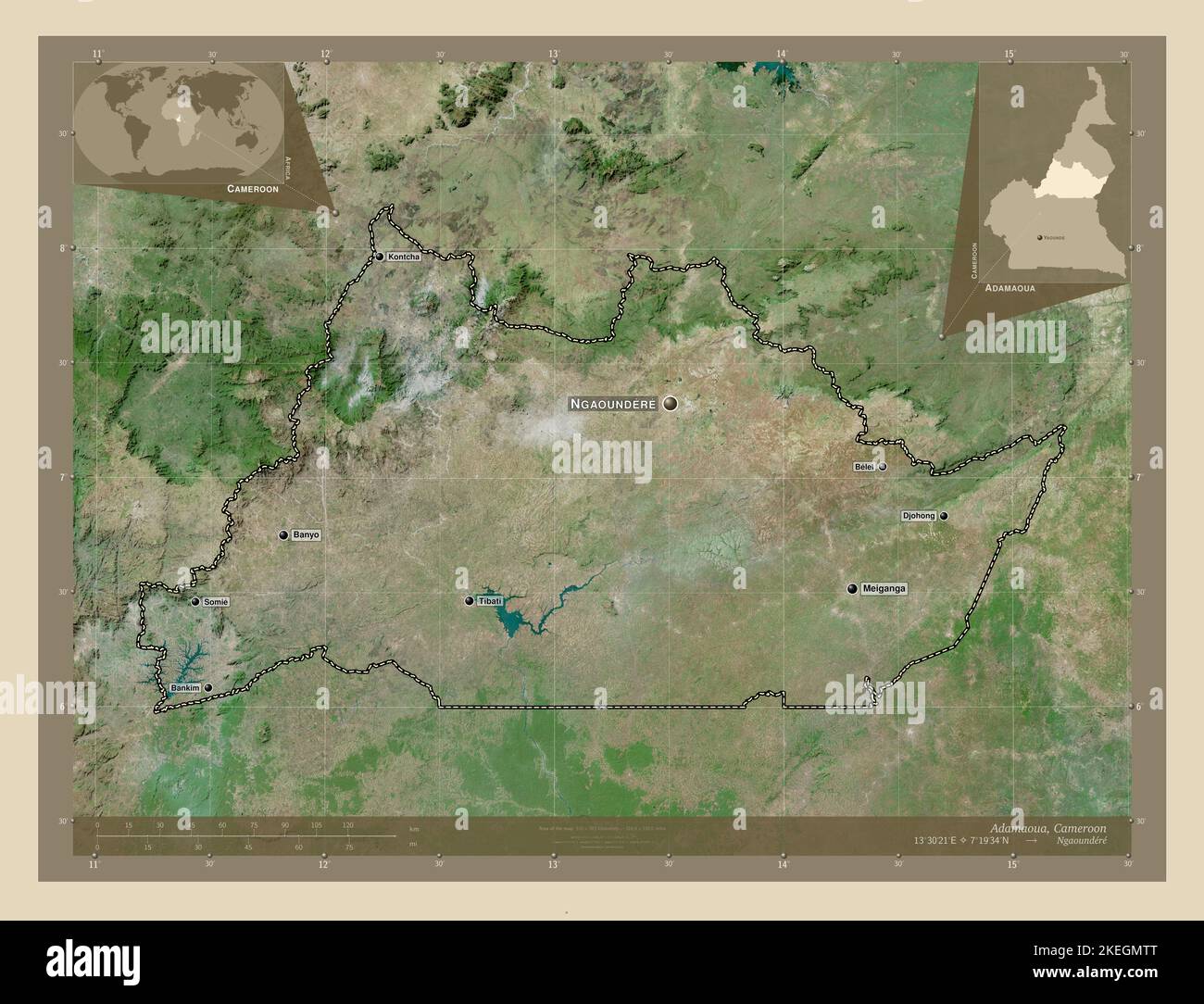 Adamaoua, region of Cameroon. High resolution satellite map. Locations ...