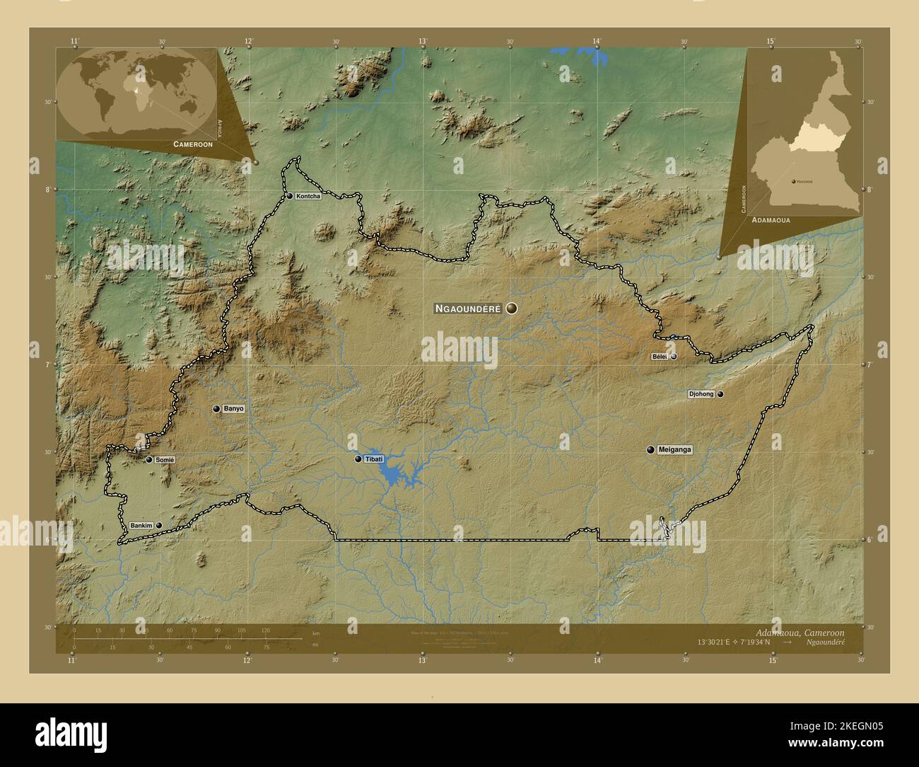 Adamaoua, region of Cameroon. Colored elevation map with lakes and ...