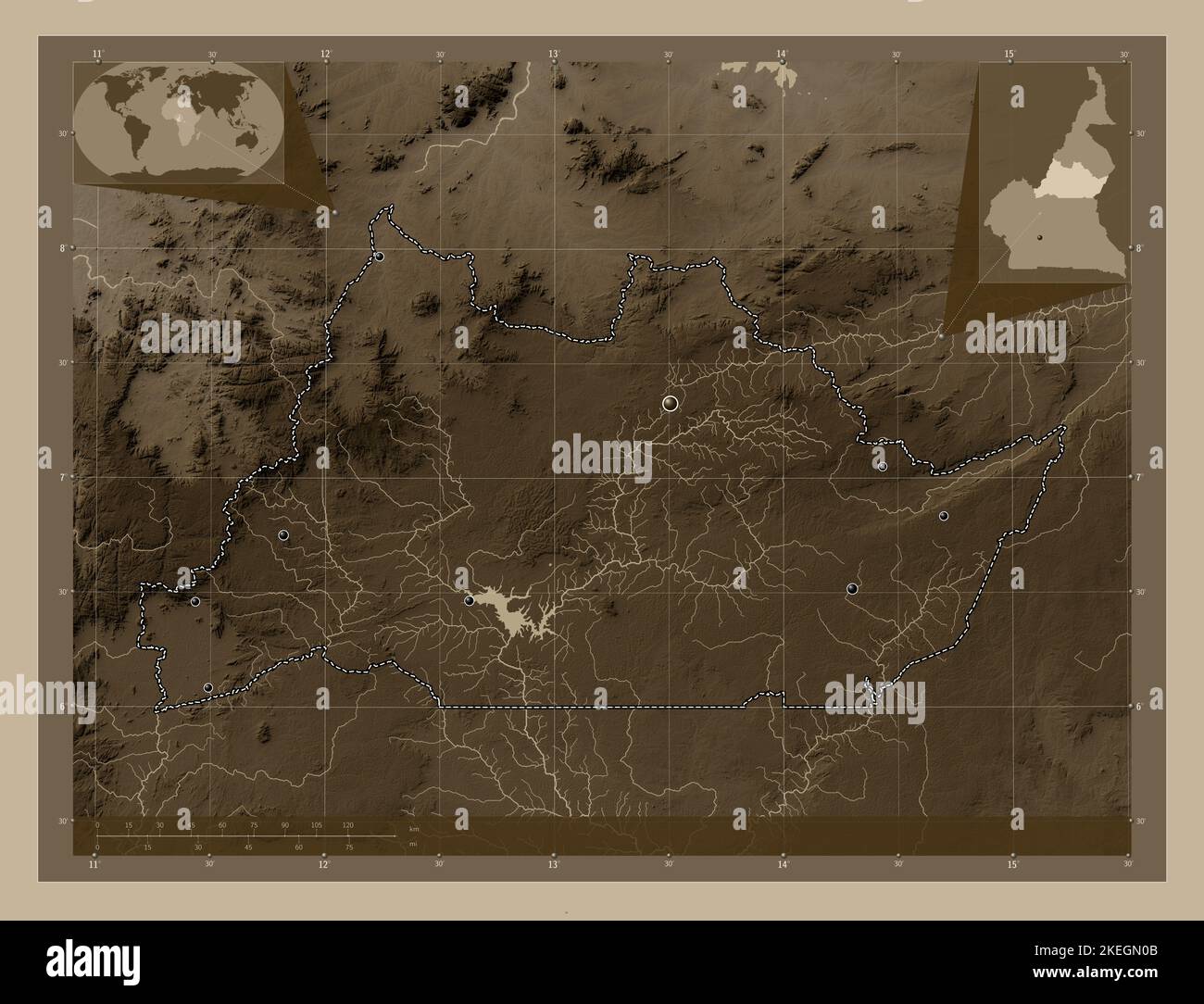 Adamaoua, region of Cameroon. Elevation map colored in sepia tones with ...