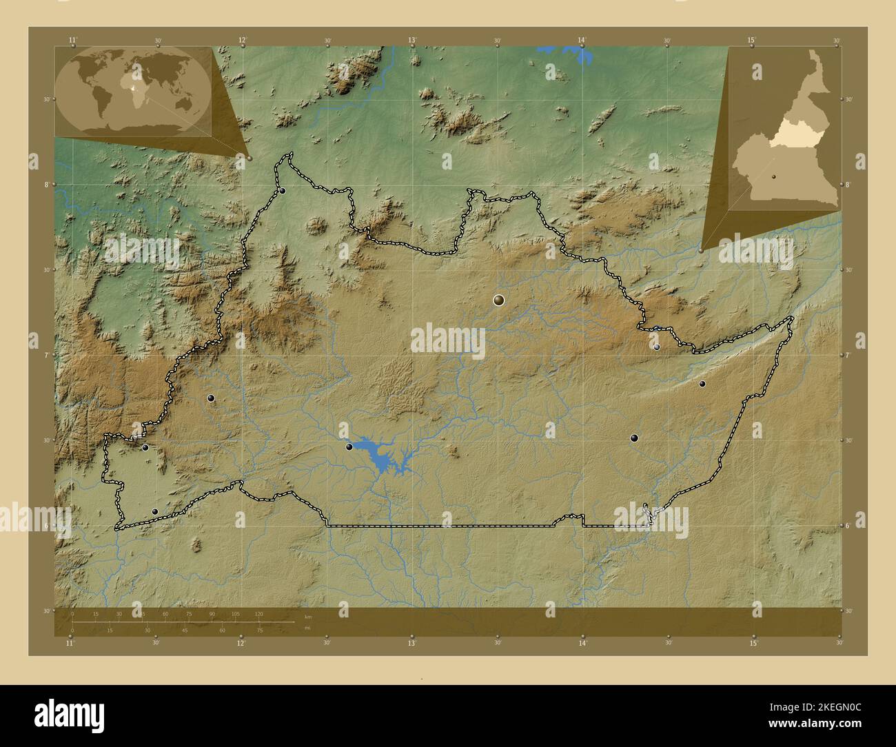 Adamaoua, region of Cameroon. Colored elevation map with lakes and ...