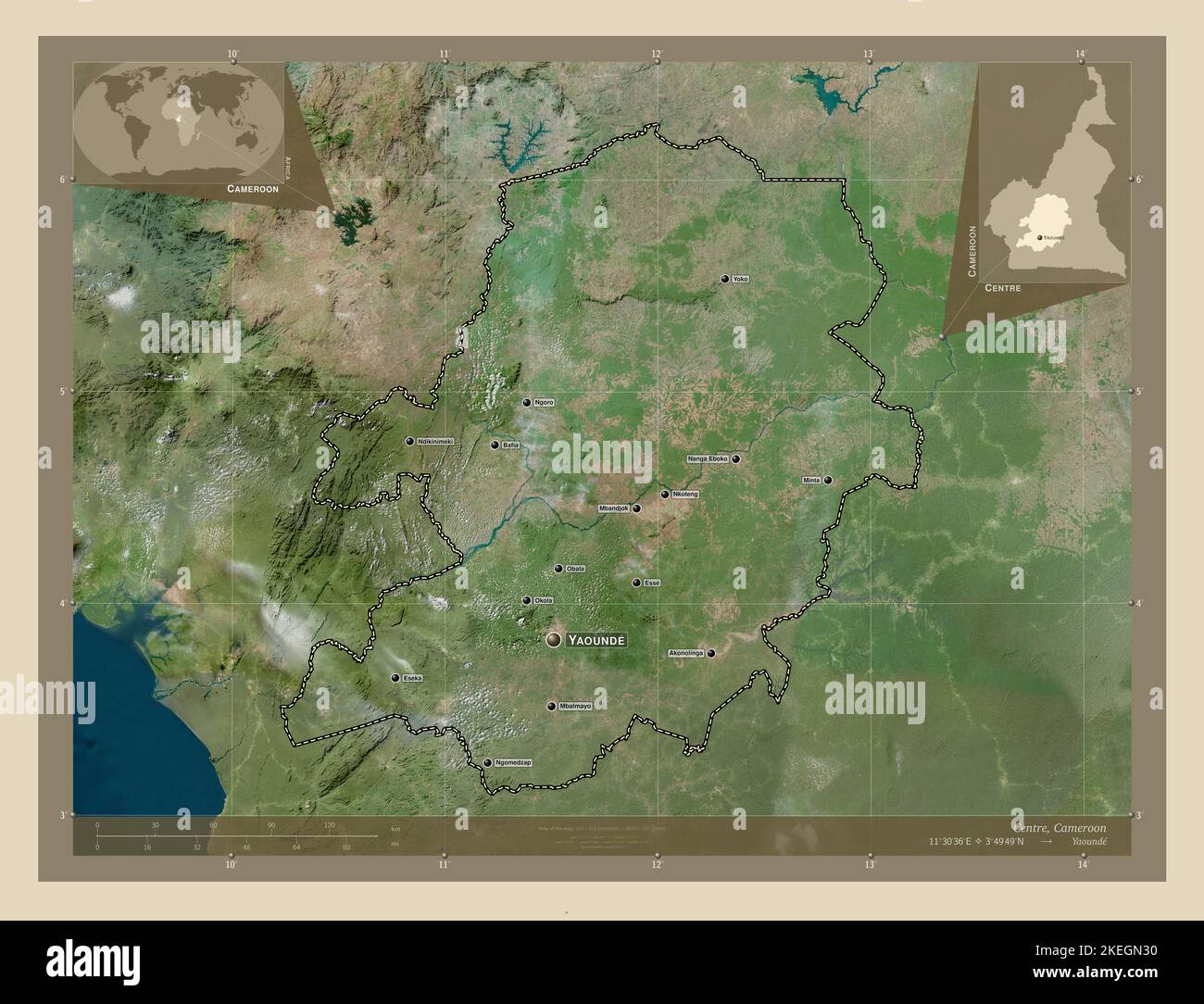 Centre, region of Cameroon. High resolution satellite map. Locations ...