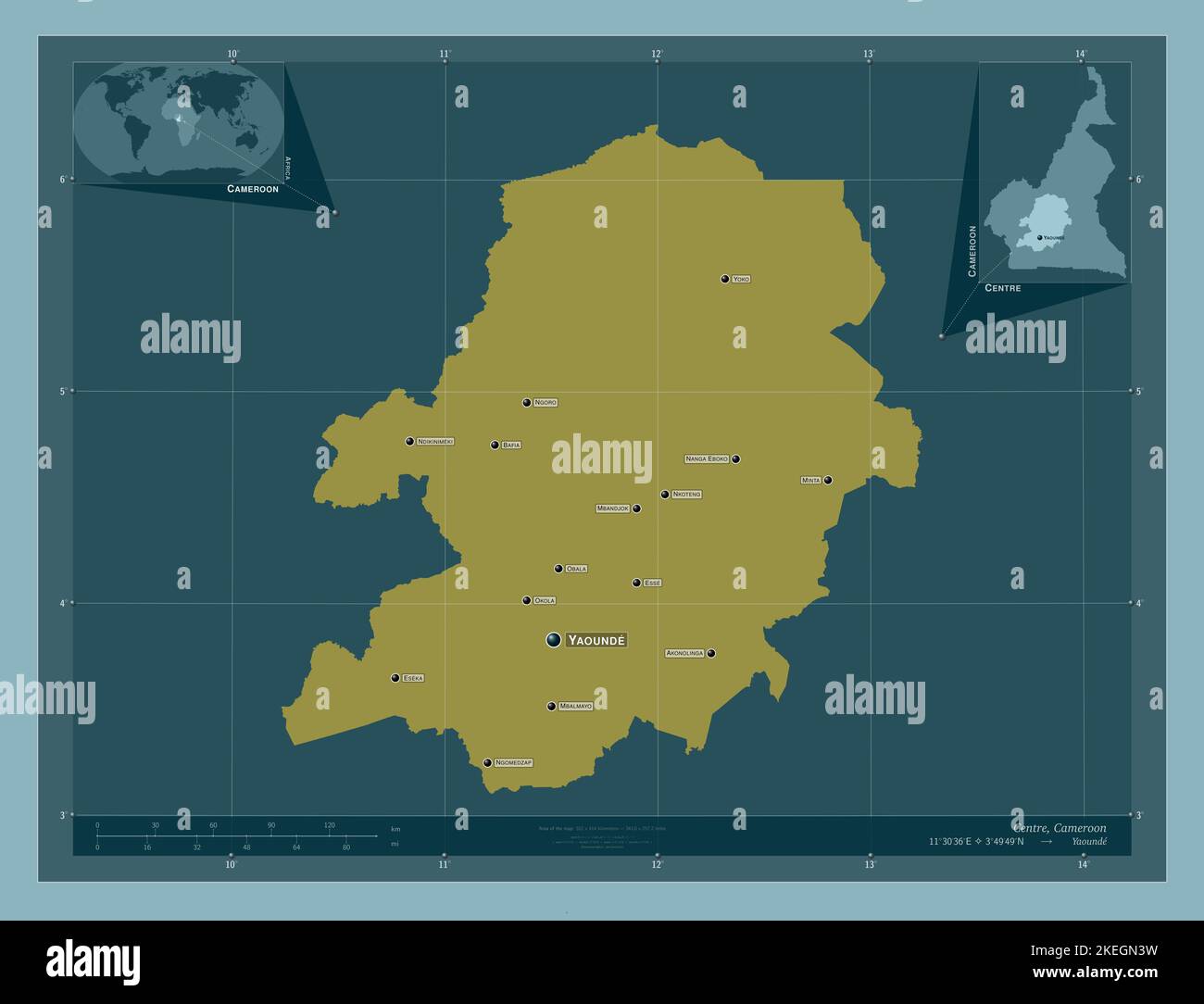 Centre, region of Cameroon. Solid color shape. Locations and names of ...