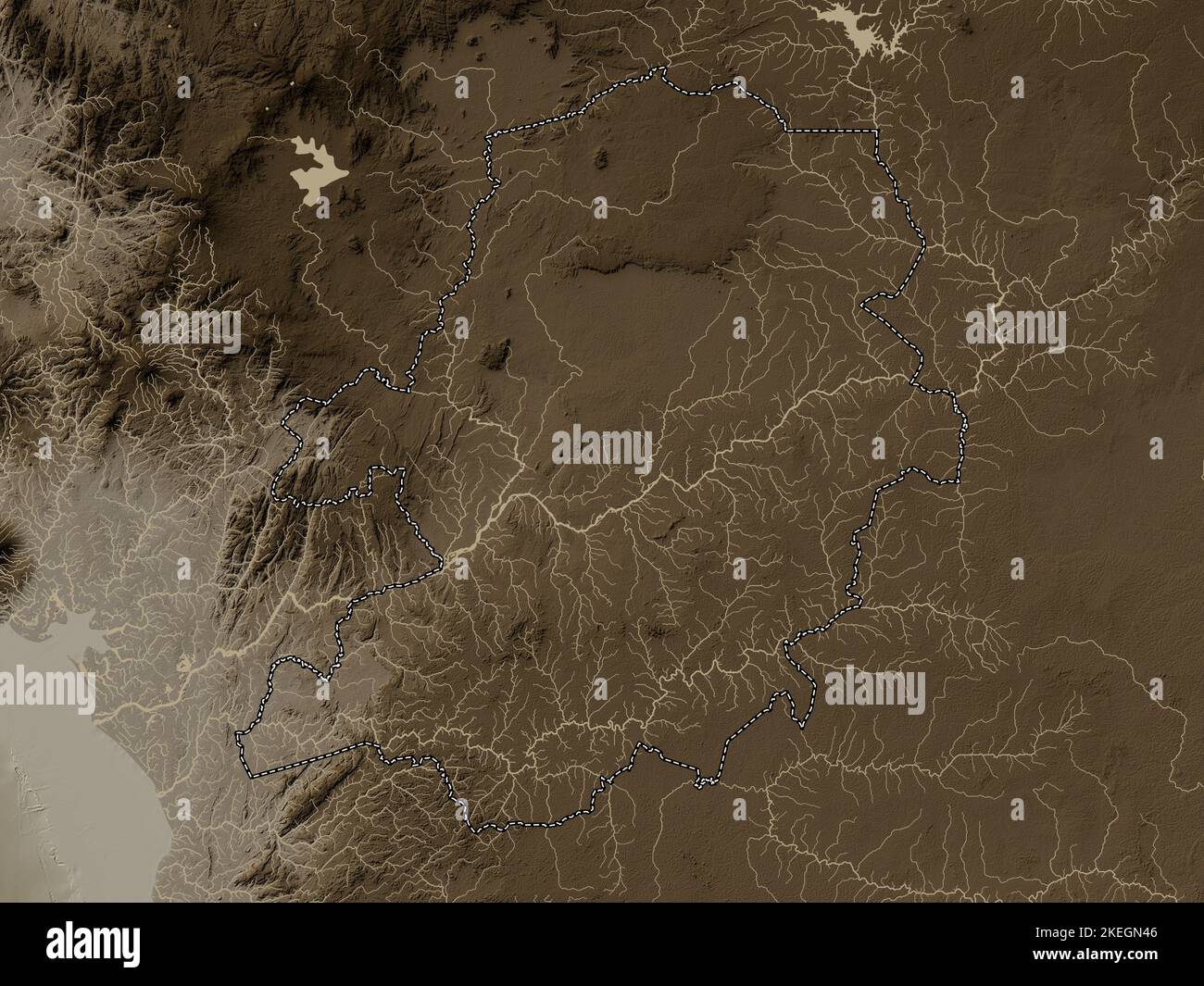 Centre, region of Cameroon. Elevation map colored in sepia tones with ...