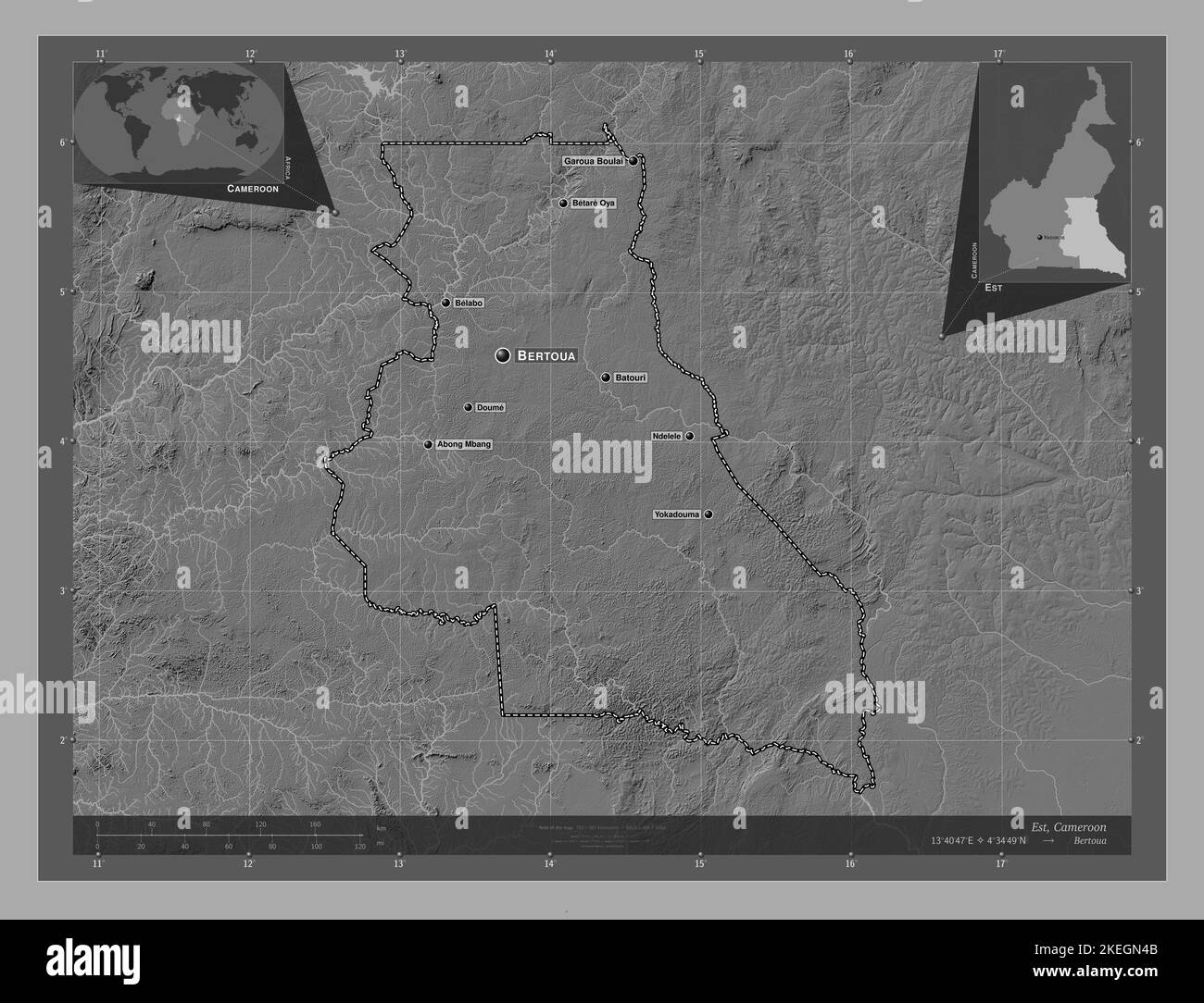 Est, region of Cameroon. Bilevel elevation map with lakes and rivers ...