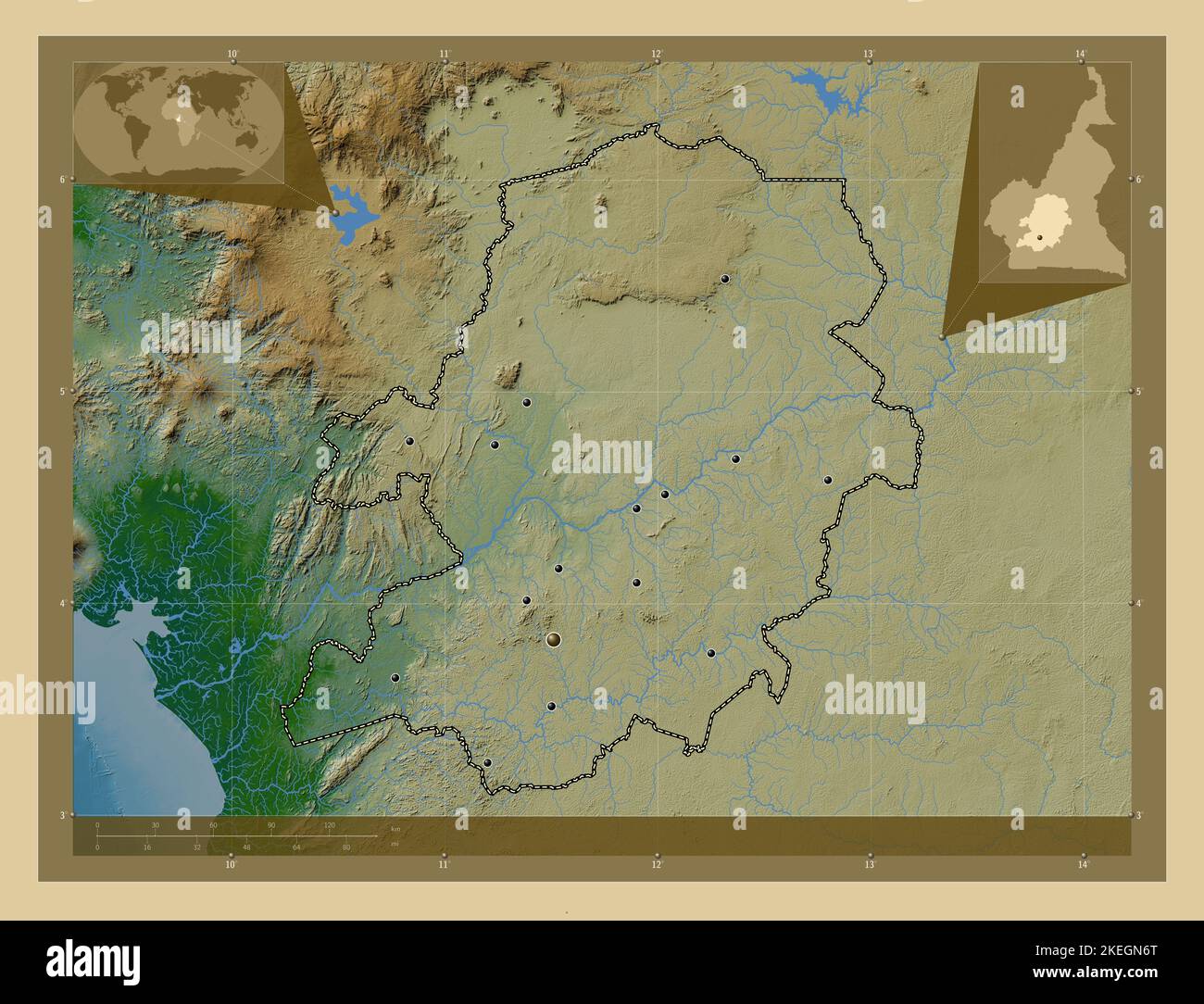Centre, region of Cameroon. Colored elevation map with lakes and rivers ...
