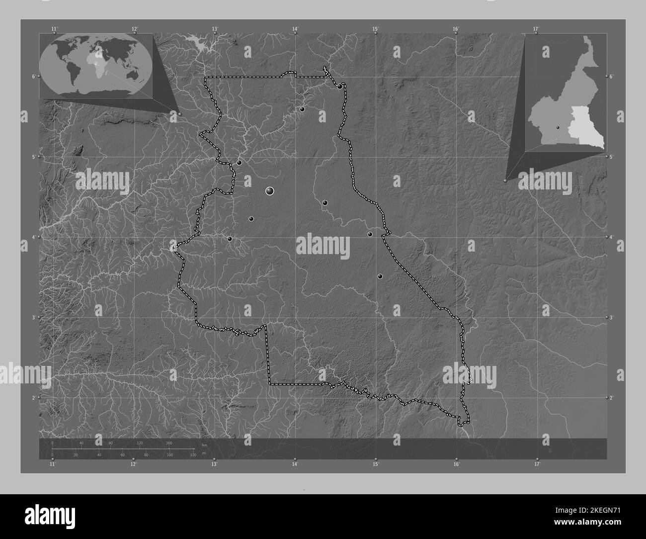 Est, region of Cameroon. Grayscale elevation map with lakes and rivers ...