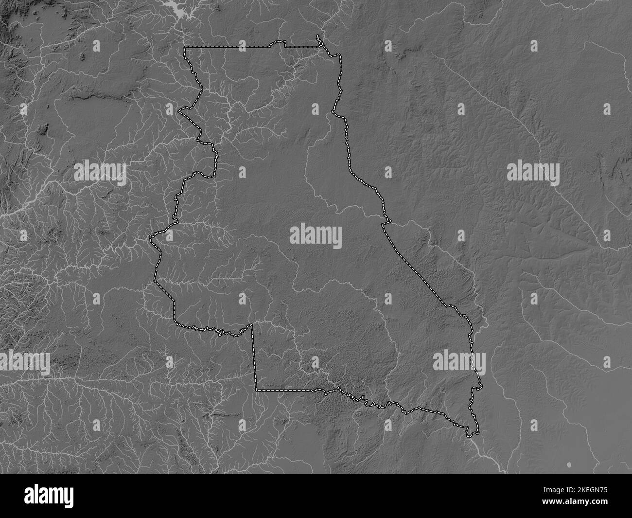 Est, region of Cameroon. Grayscale elevation map with lakes and rivers ...