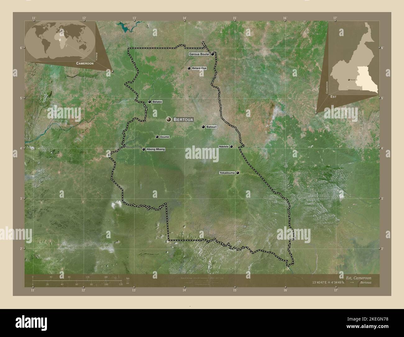 Est, region of Cameroon. High resolution satellite map. Locations and ...