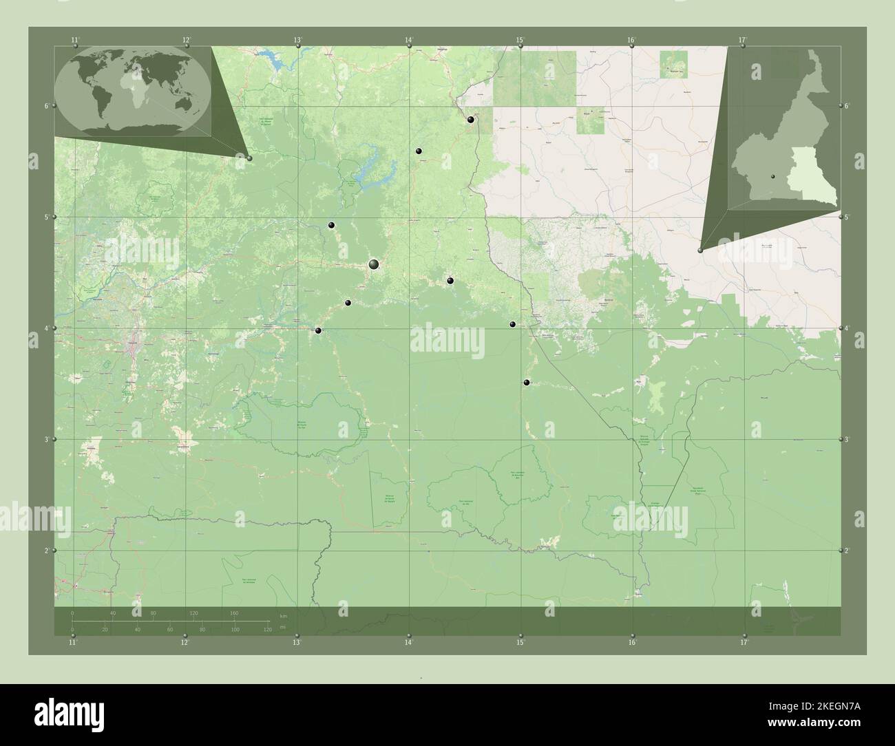 Est, region of Cameroon. Open Street Map. Locations of major cities of ...