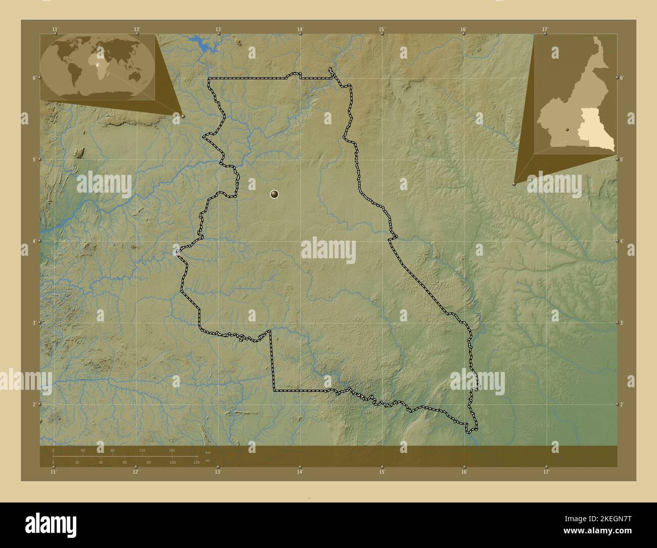 Est, region of Cameroon. Colored elevation map with lakes and rivers ...