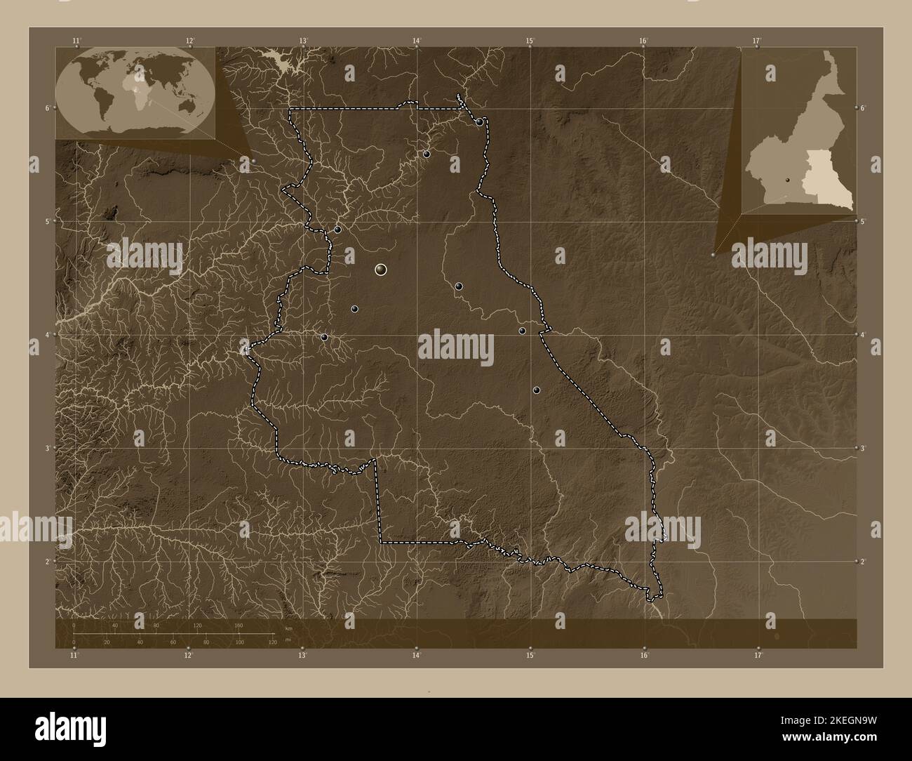 Est, region of Cameroon. Elevation map colored in sepia tones with ...