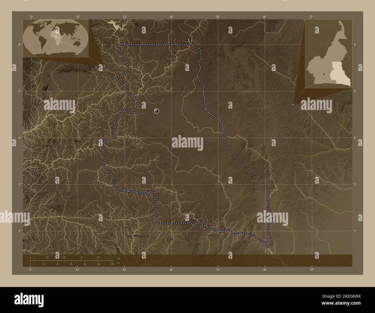 Est, region of Cameroon. Elevation map colored in sepia tones with ...