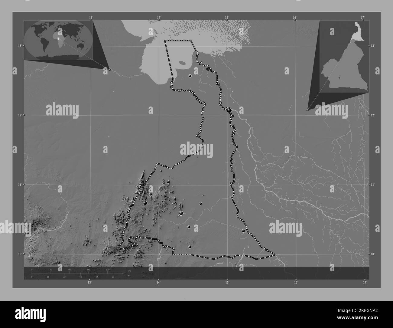 Extreme-Nord, region of Cameroon. Bilevel elevation map with lakes and ...