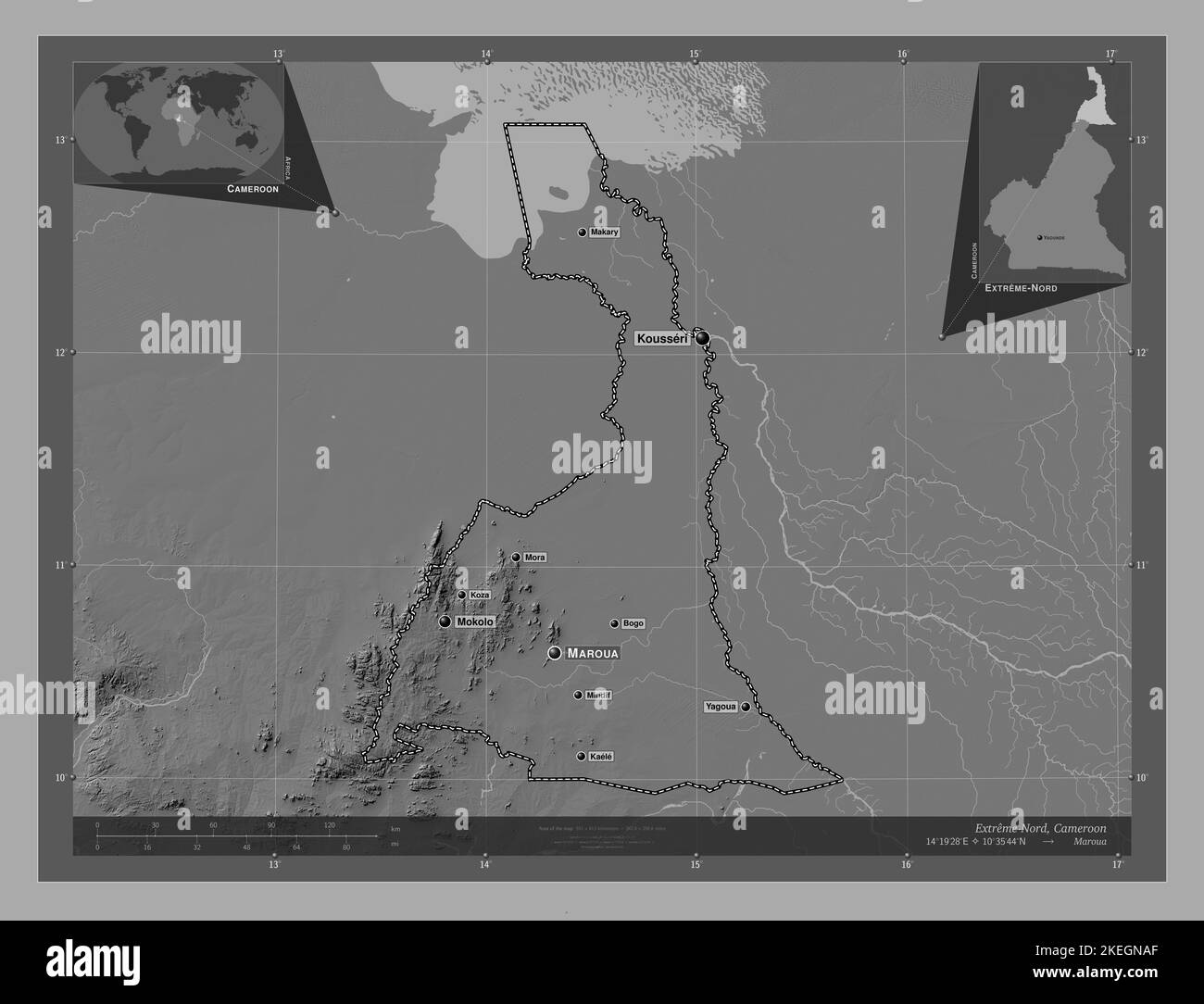 Extreme-Nord, region of Cameroon. Bilevel elevation map with lakes and ...