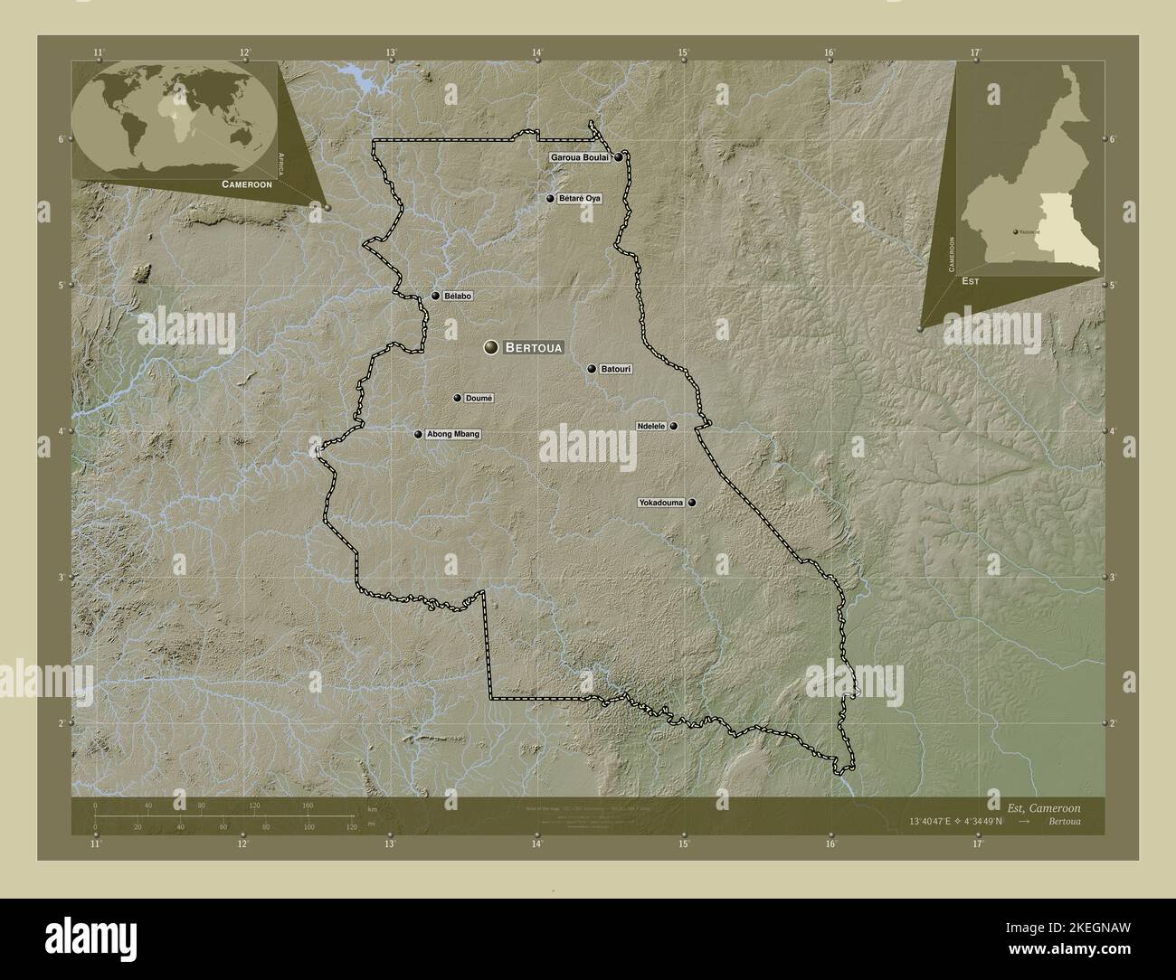 Est, region of Cameroon. Elevation map colored in wiki style with lakes ...