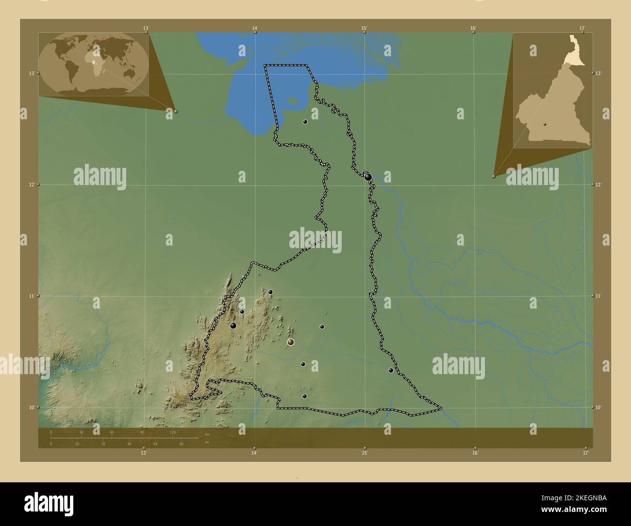 Extreme-Nord, region of Cameroon. Colored elevation map with lakes and ...