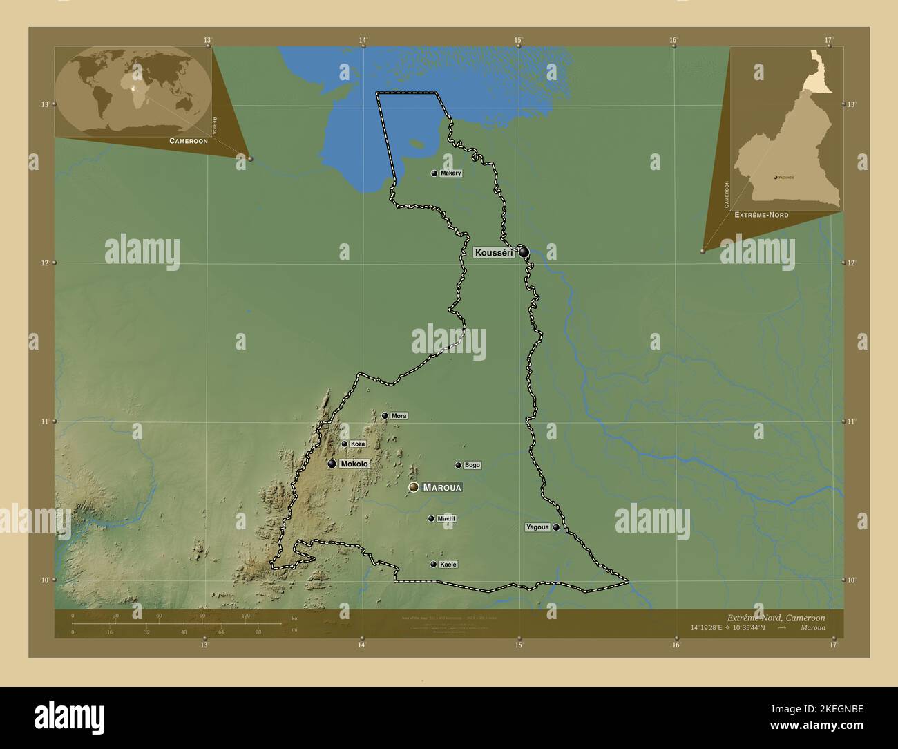 Extreme-Nord, region of Cameroon. Colored elevation map with lakes and ...