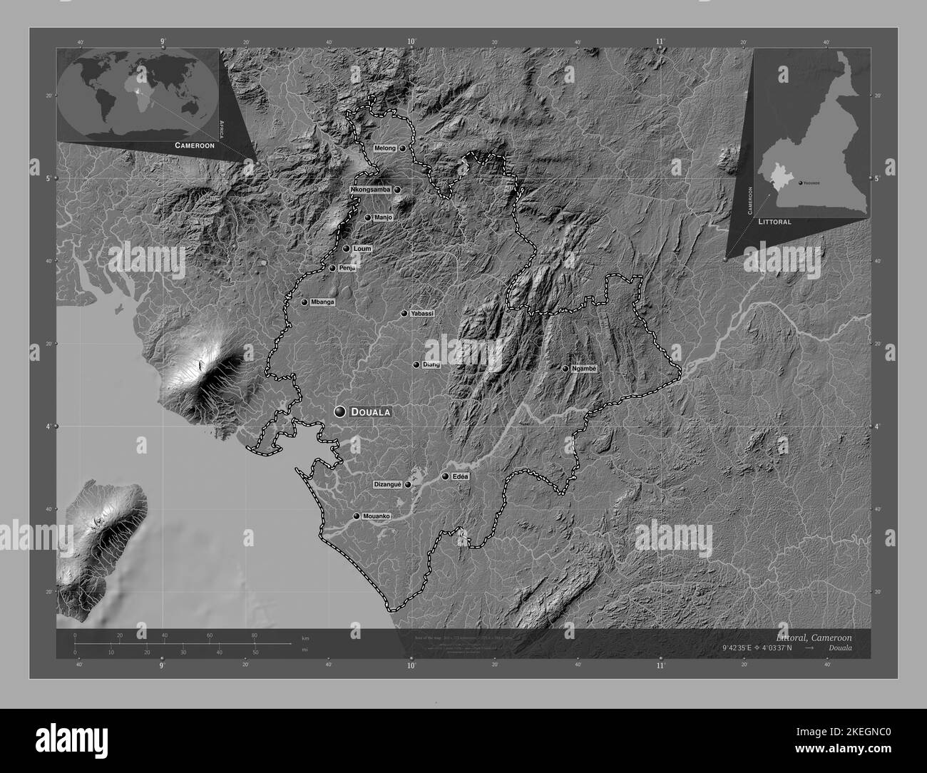 Littoral, region of Cameroon. Bilevel elevation map with lakes and ...