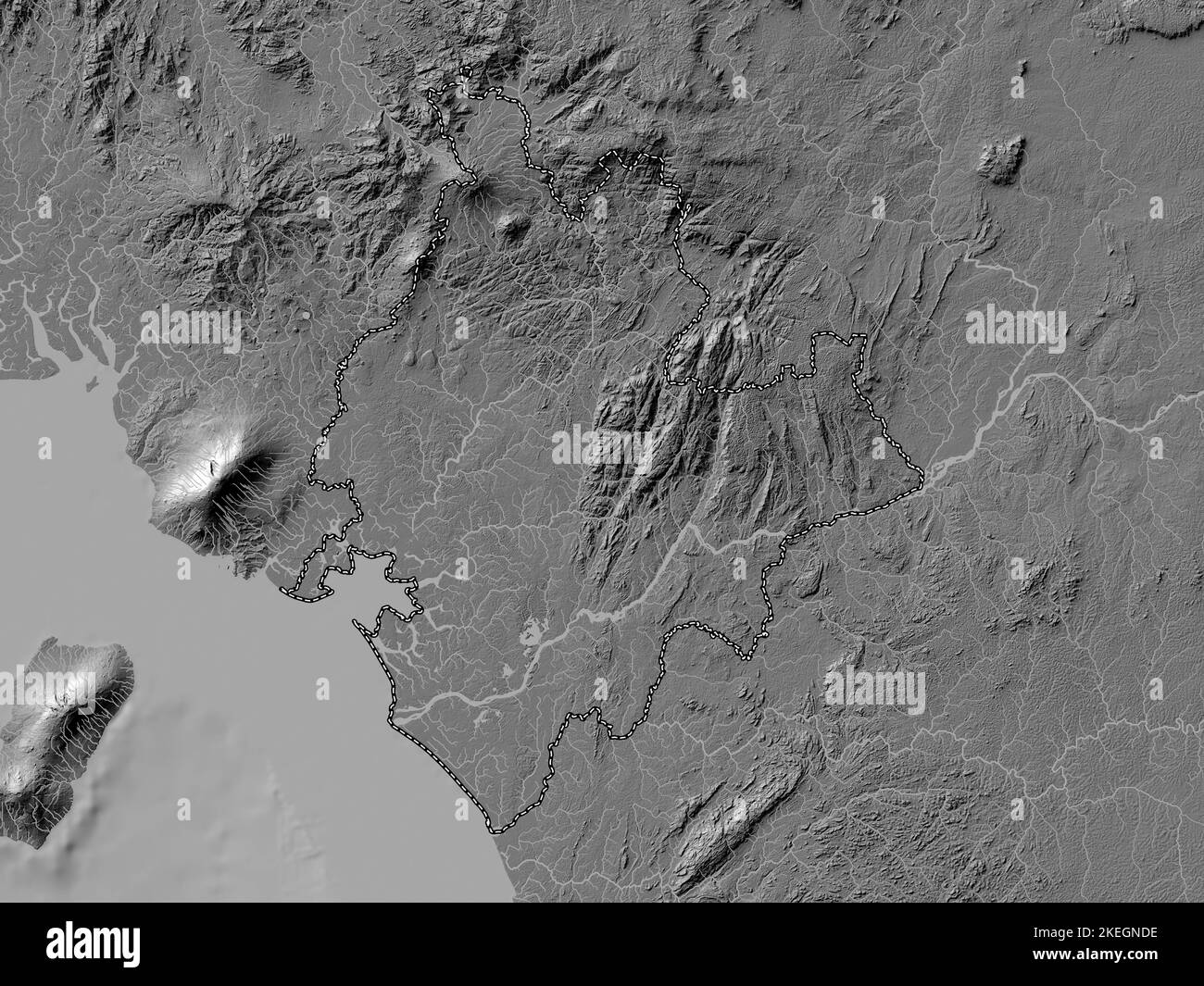 Littoral, region of Cameroon. Bilevel elevation map with lakes and ...