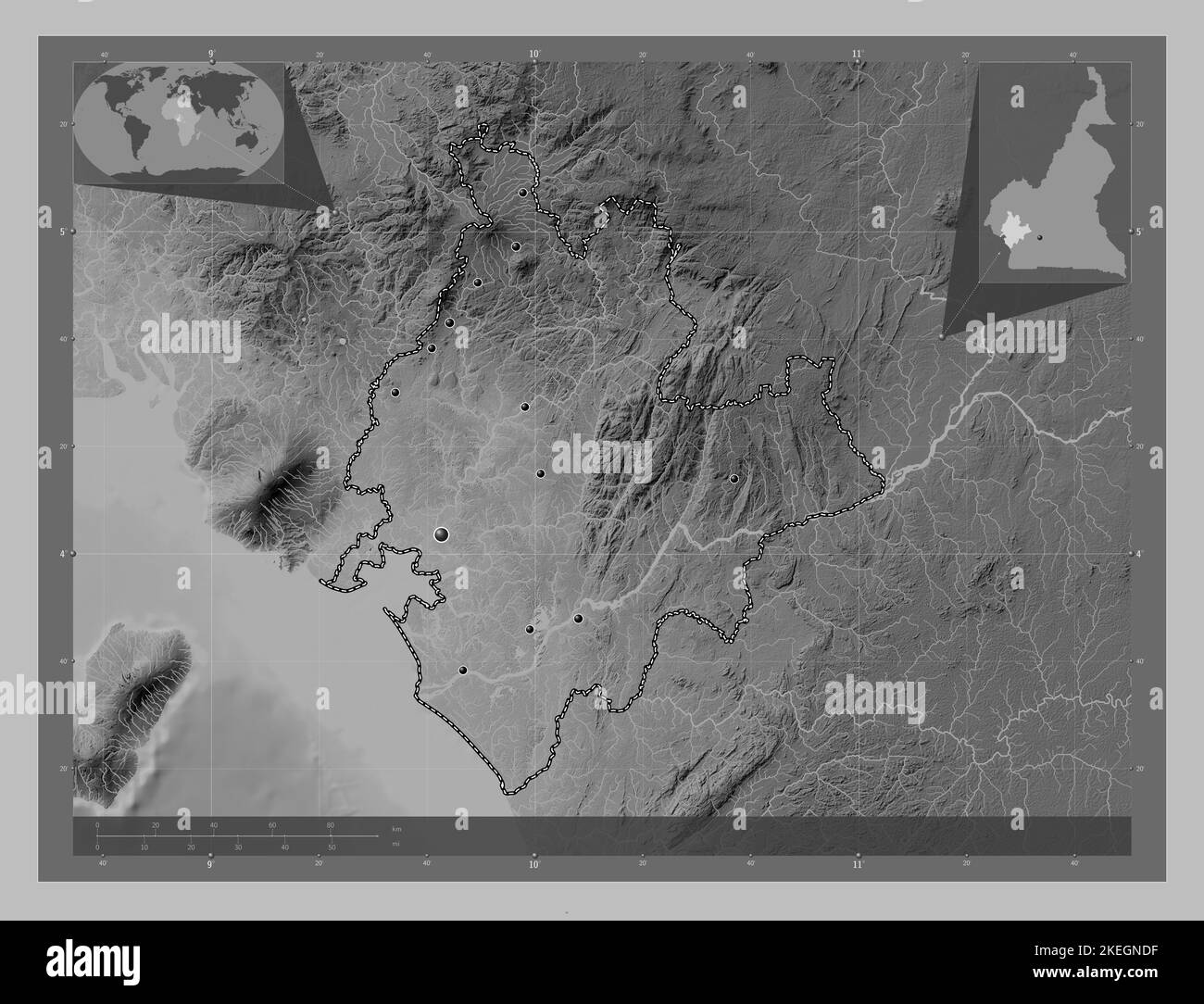 Littoral, region of Cameroon. Grayscale elevation map with lakes and ...