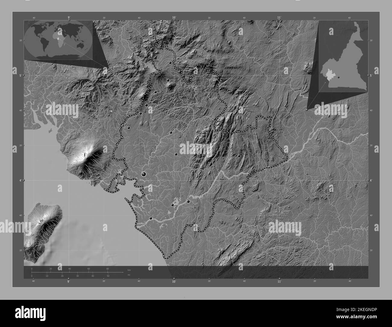 Littoral, region of Cameroon. Bilevel elevation map with lakes and ...
